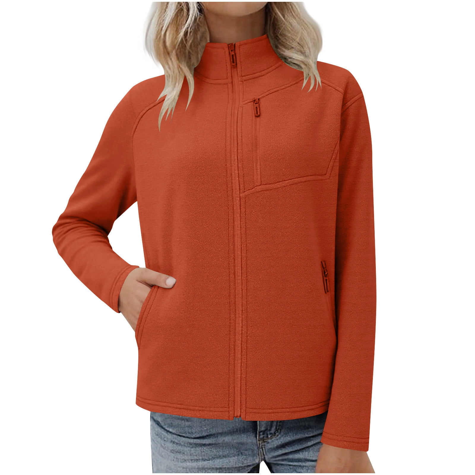AKOEE Women's Zipper Jackets No Hood Stand Collar Full Zip Sweater Coat ...