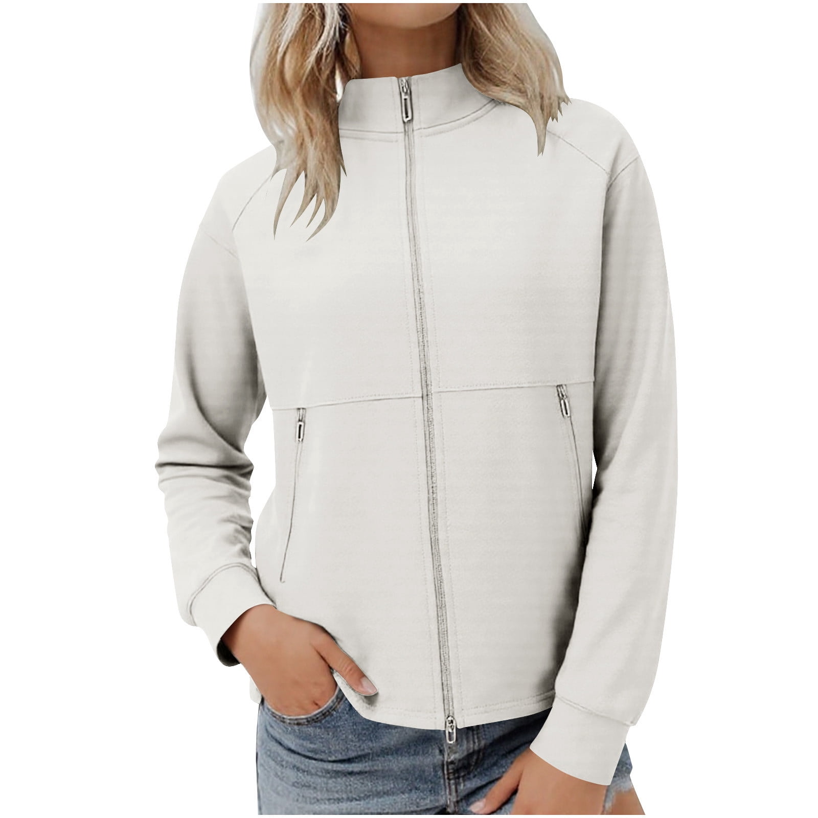 AKOEE Women's Zipper Jackets No Hood Stand Collar Full Zip Sweater Coat ...