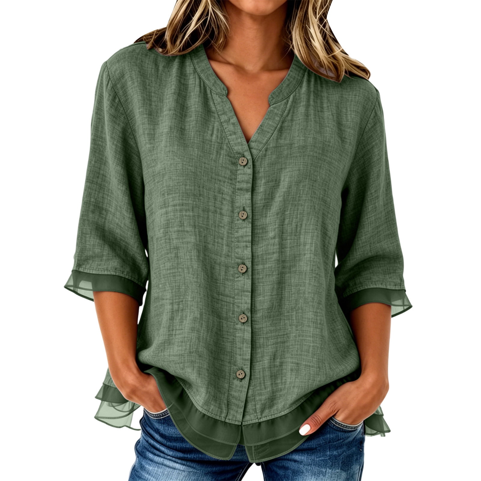 AKOEE Womens Button Down Blouses with Mesh Trim 3/4 Sleeve Tops Dressy ...