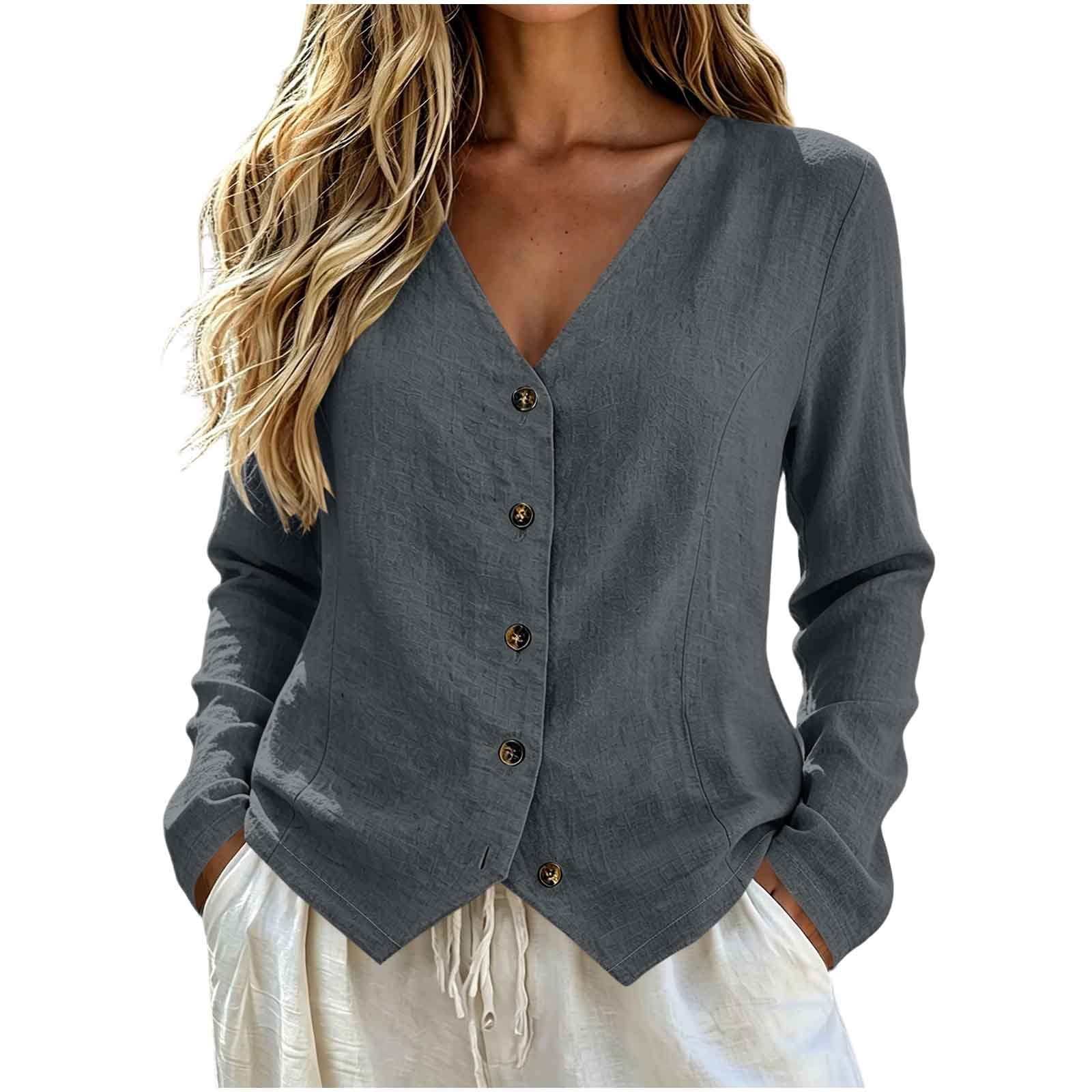 AKOEE Womens Button Up Linen Shirts V Neck Collarless Long Sleeve ...
