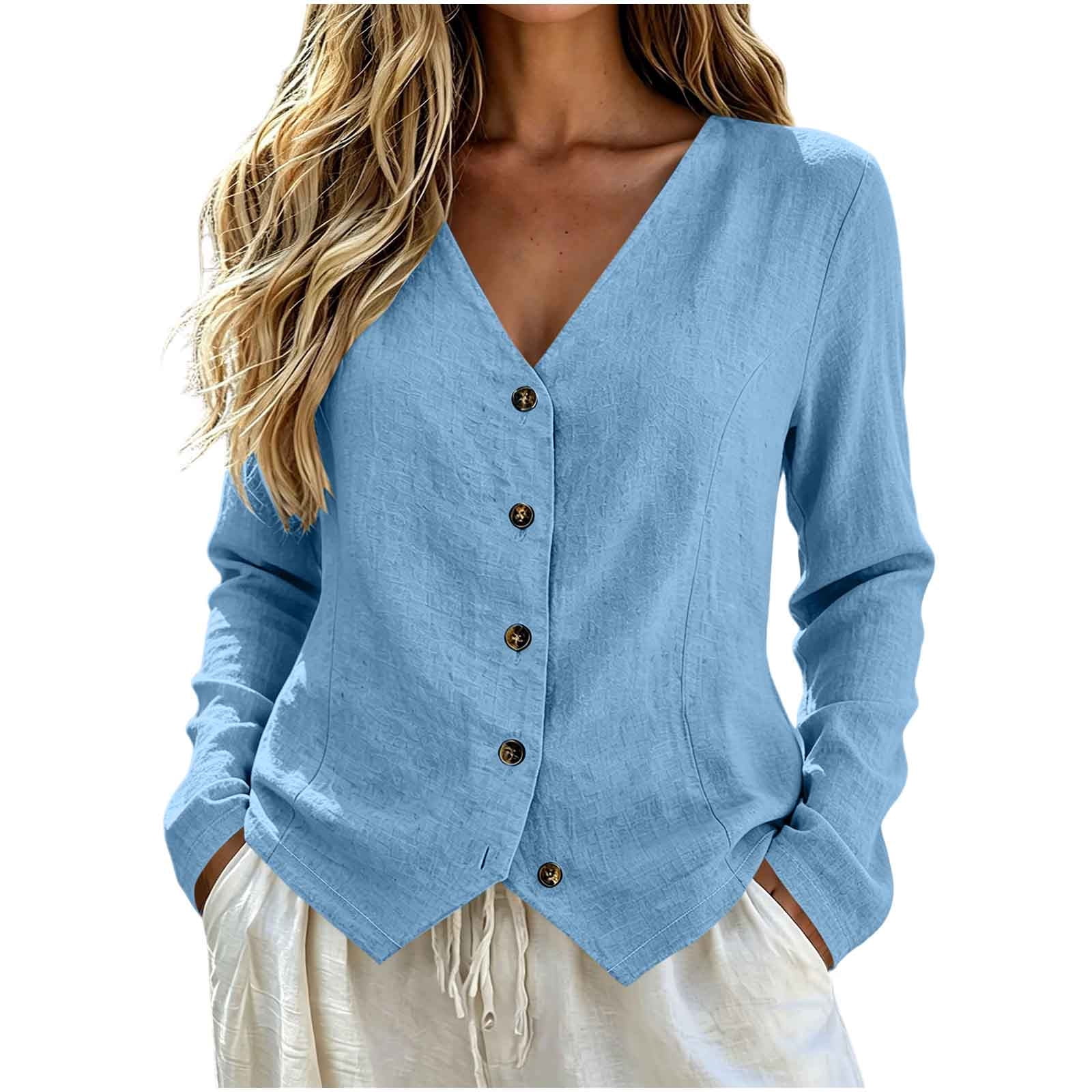 AKOEE Womens Button Up Linen Shirts V Neck Collarless Long Sleeve ...