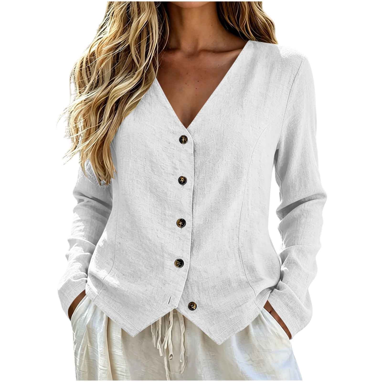 AKOEE Womens Button Up Linen Shirts V Neck Collarless Long Sleeve ...