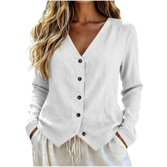 AKOEE Womens Button Up Linen Shirts V Neck Collarless Long Sleeve ...