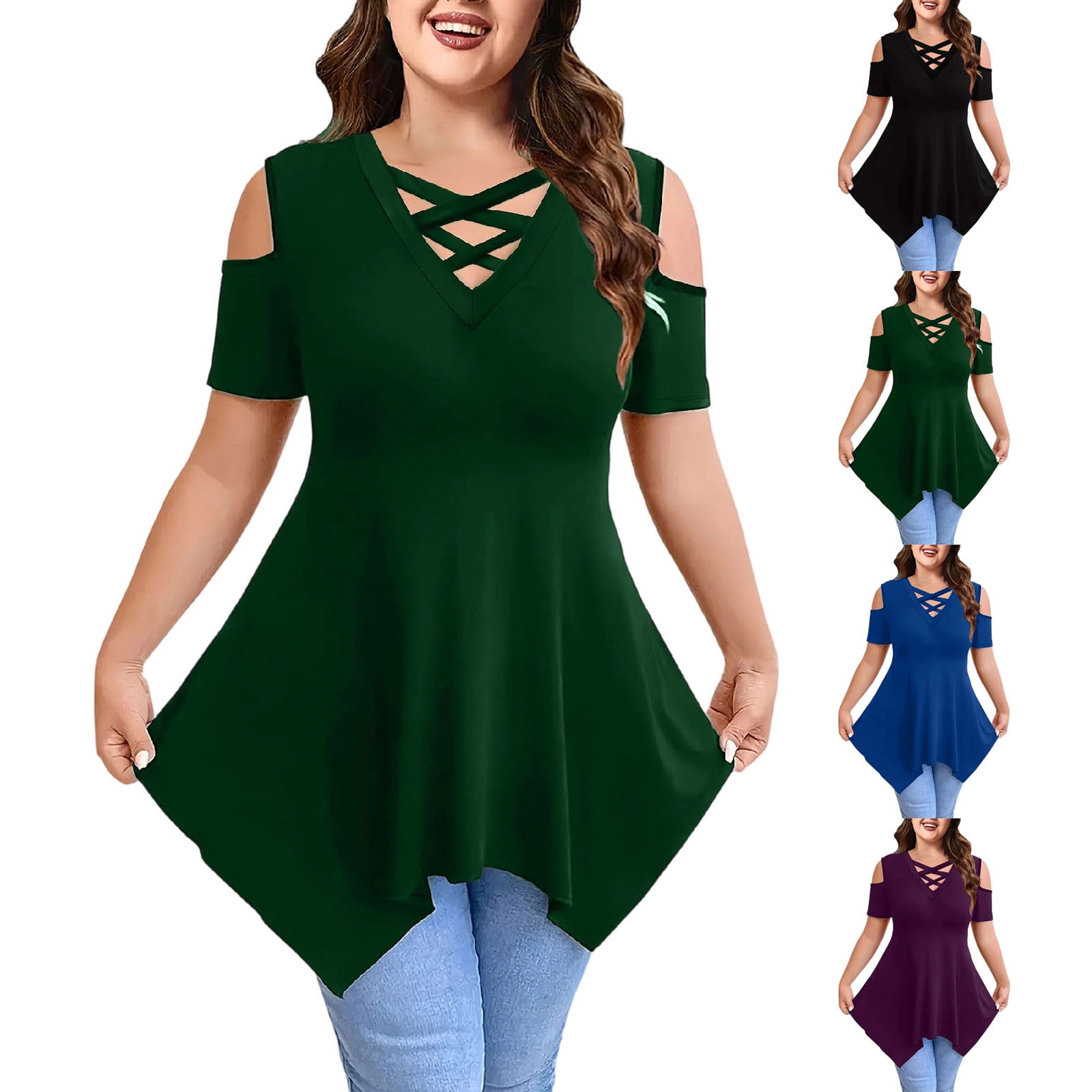 AKOEE Womens Plus Size Tunic Tops Criss-cross V Neck Short Sleeve ...