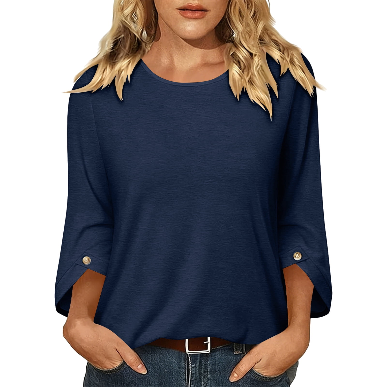 AKOEE Womens Tops Button 3/4 Sleeve Crewneck Pullover T-Shirts Loose ...