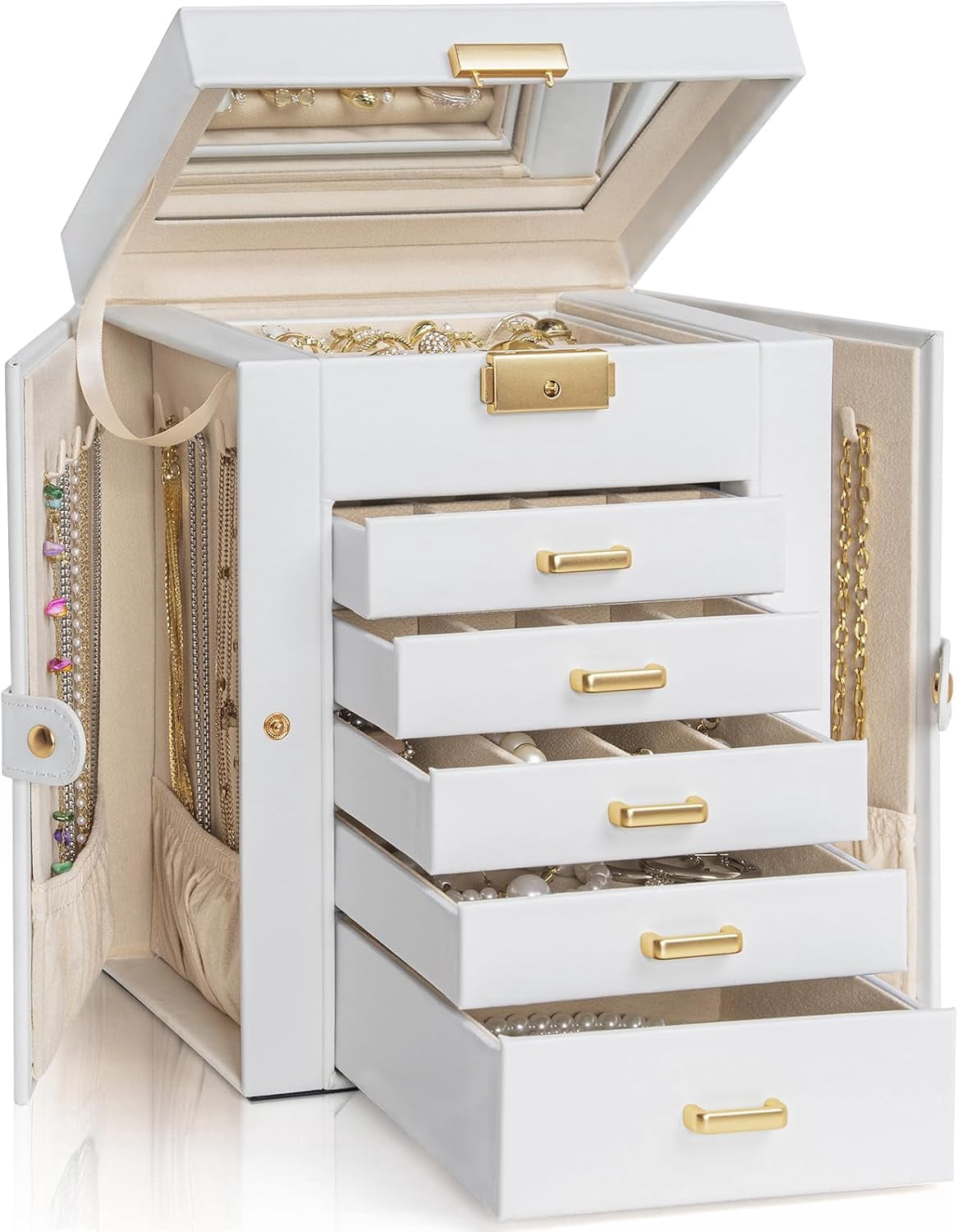 AKOZLIN 6-Tier Jewelry Box Lockable Leather Jewelry Storage Case with 5 ...