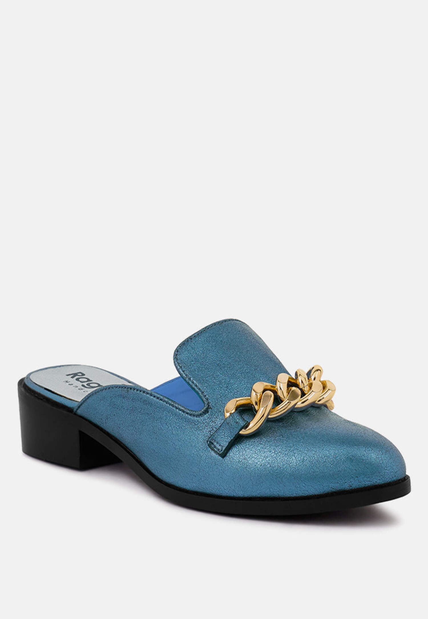 AKSA Chain Embellished Metallic Blue Leather Mules - Walmart.com