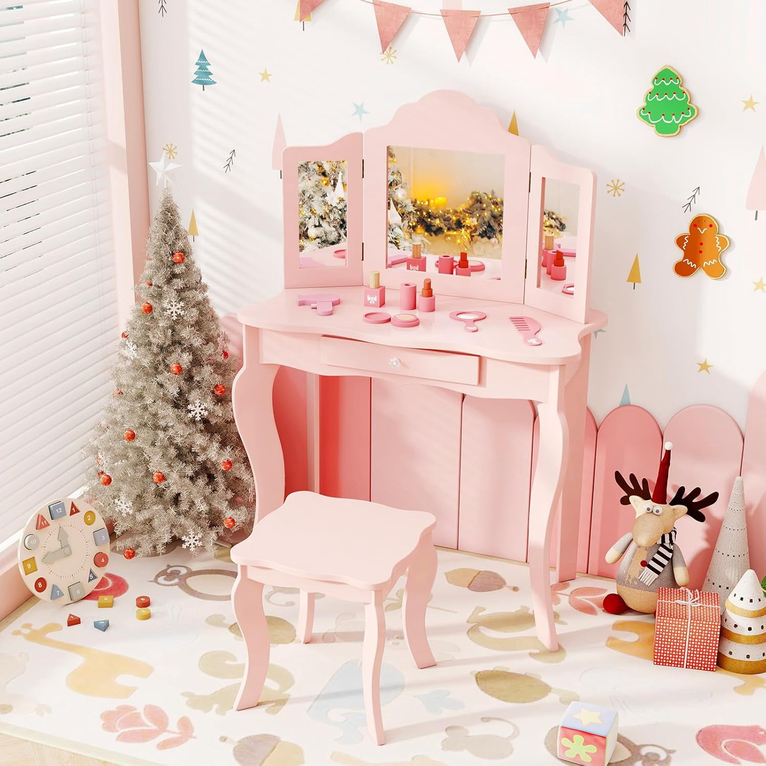 AKUSTIK Kids Vanity, 2 in 1 Wooden Dressing Table and Chair Set with ...