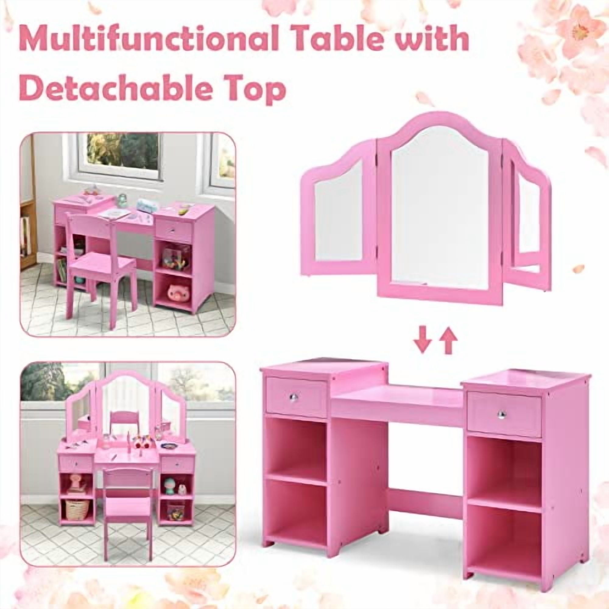 AKUSTIK Kids Vanity, 2 in 1 Wooden Princess Makeup Table and Chair for ...