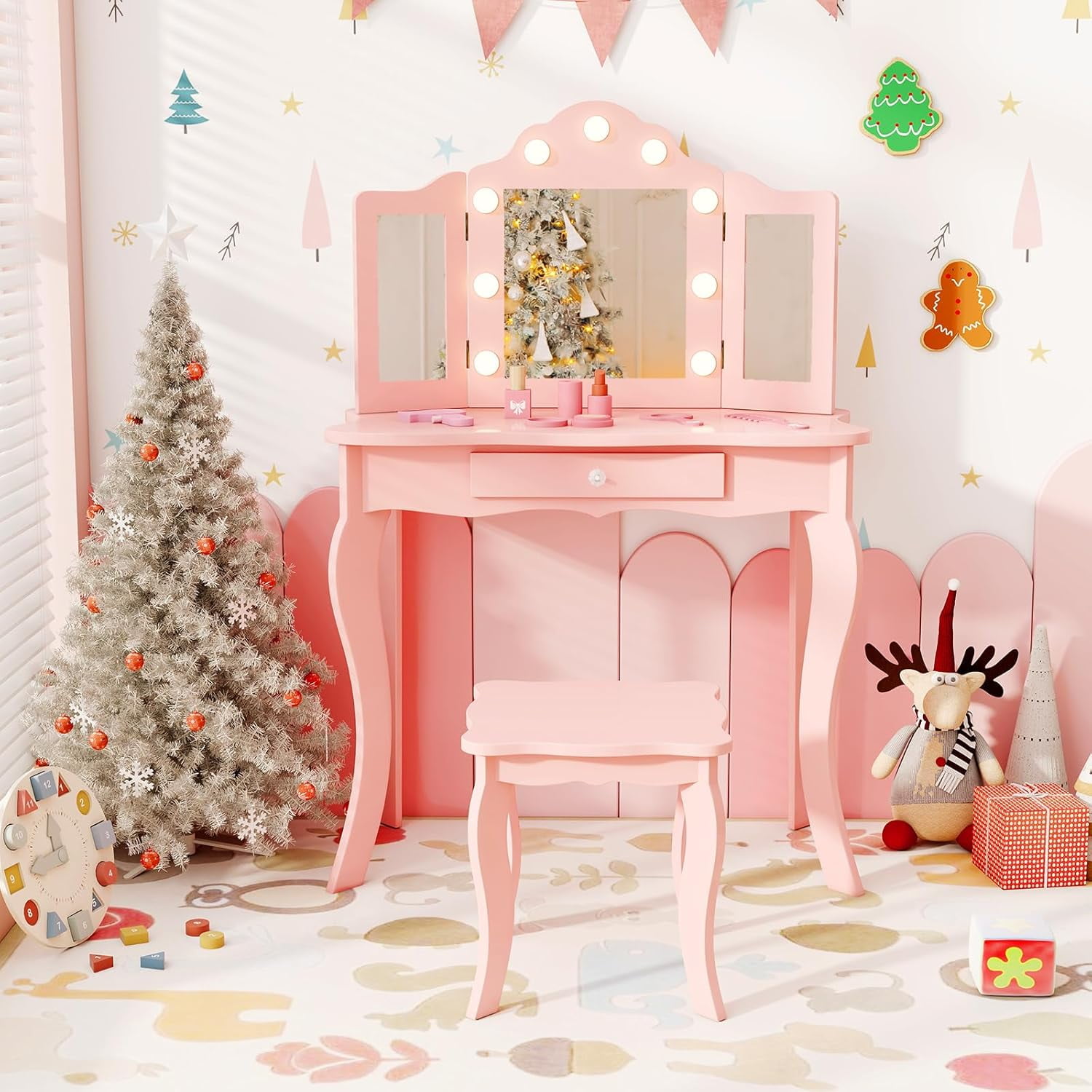 AKUSTIK Kids Vanity with Lights, 2 in 1 Wooden Dressing Table and Chair ...