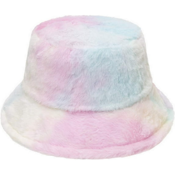 AKcxy Women Girls Tie Dye Faux Fur Warm Bucket Hat Fuzzy Rainbow Winter ...