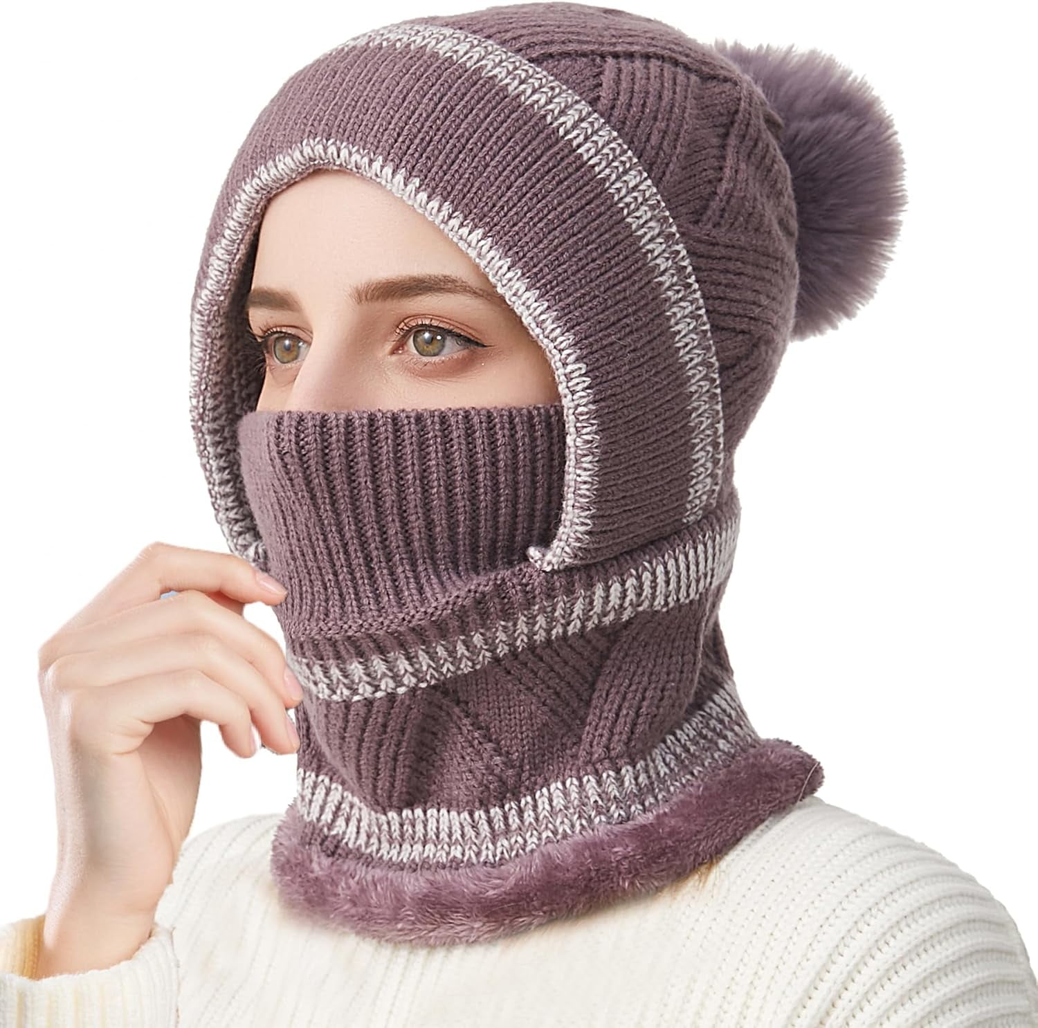 AKcxy Women Winter Beanie Hats One Piece Fleece Lined Knit Balaclavas ...