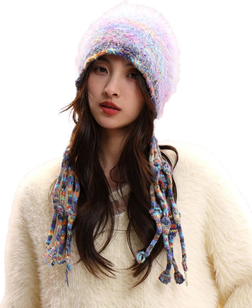 AKcxy Women's Colorful Crochet Beanie Cap Cute Tassel Ear Flaps Knit ...