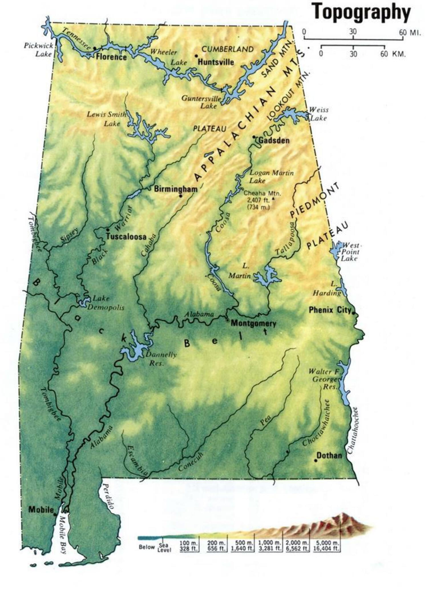 ALABAMA TOPOGRAPHY MAP GLOSSY POSTER PICTURE PHOTO PRINT BANNER al ...