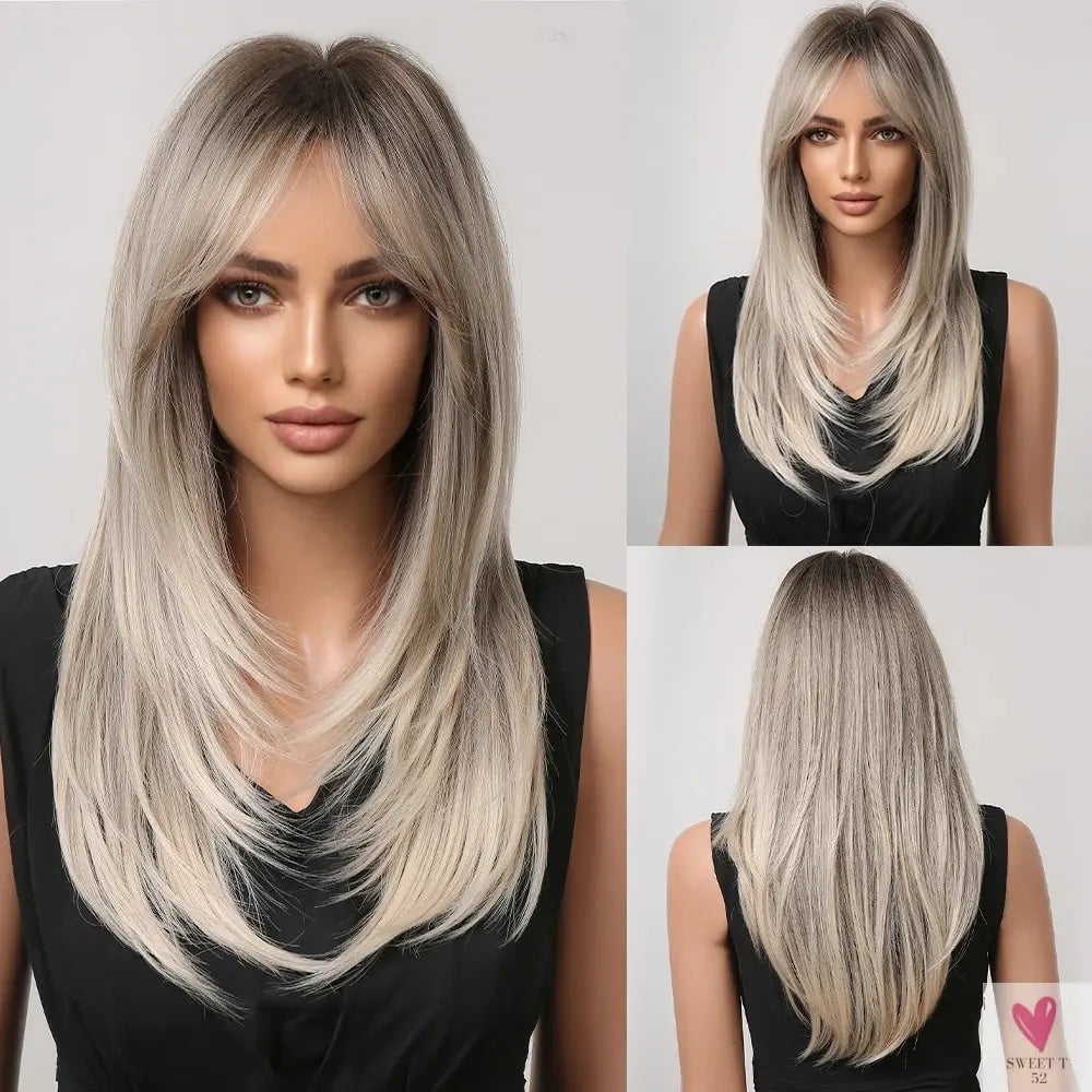 Long Blonde Layered Wigs for Women, Synthetic Wigs with Bangs, Natural ...