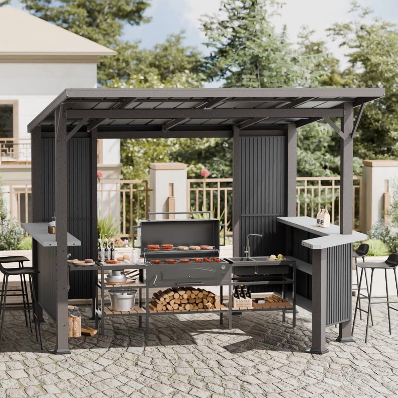 ALAULM 10' X 10' Outdoor Hardtop Grill Gazebo, Steel BBQ Gazebo with ...