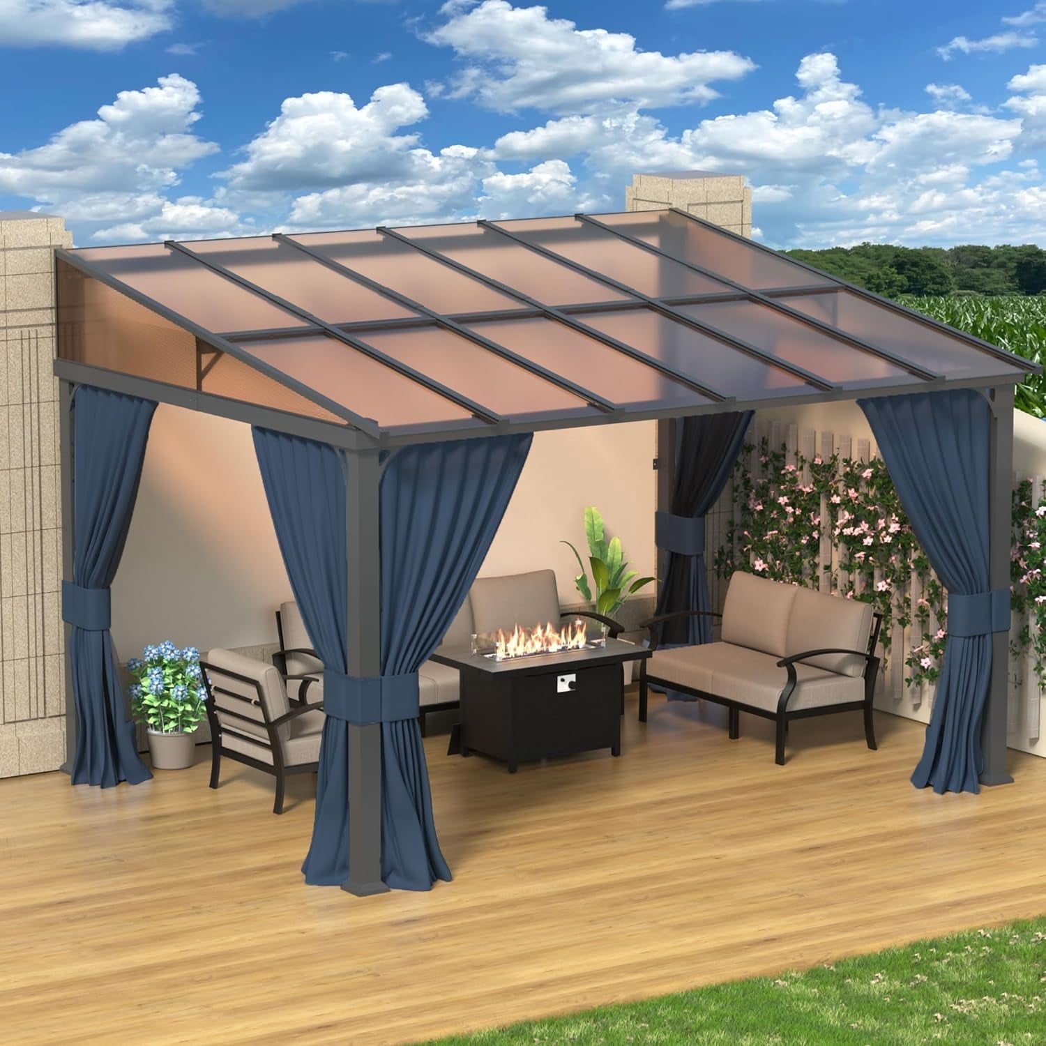 ALAULM 10' x 12' Lean to Gazebo Wall Mount Gazebo with Curtains and ...