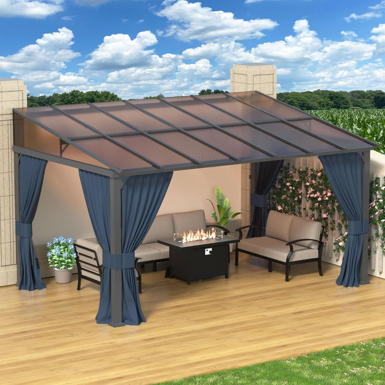 ALAULM 10' x 14' Hardtop Gazebo, Outdoor Pergola with Curtains, Netting ...