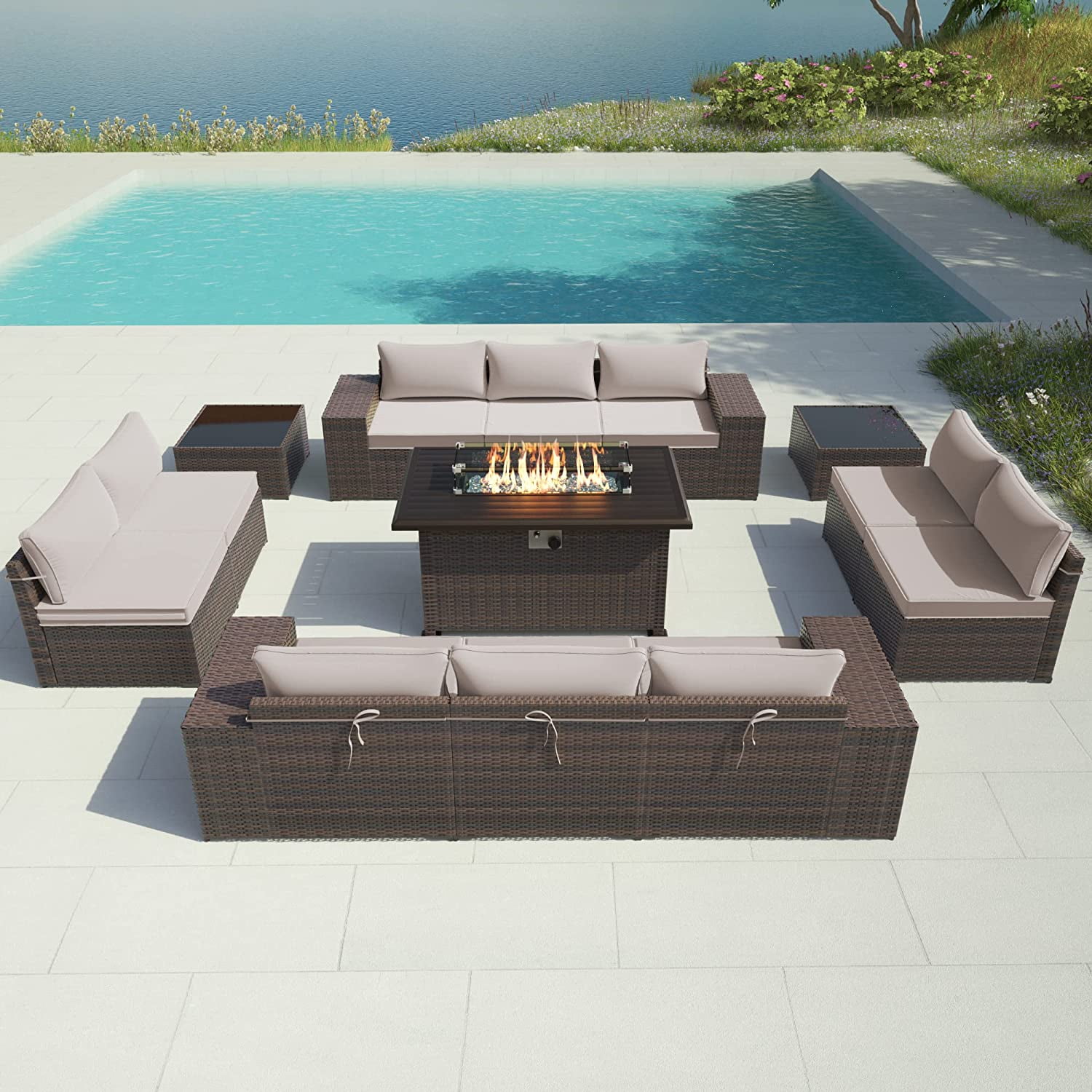 ALAULM 13 Piece Large Outdoor Furniture Set, 10 Seater Wicker Patio ...