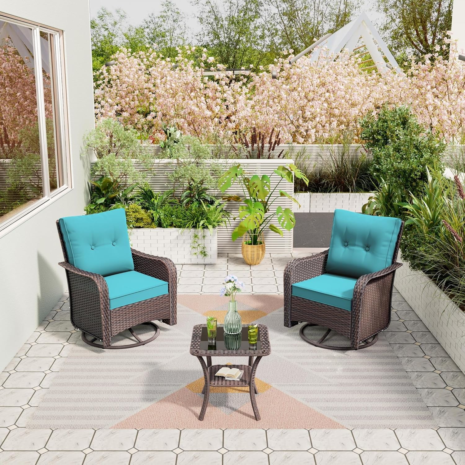 ALAULM 3 Piece Wicker Swivel Rocking Chair Set, Outdoor Patio Glider ...