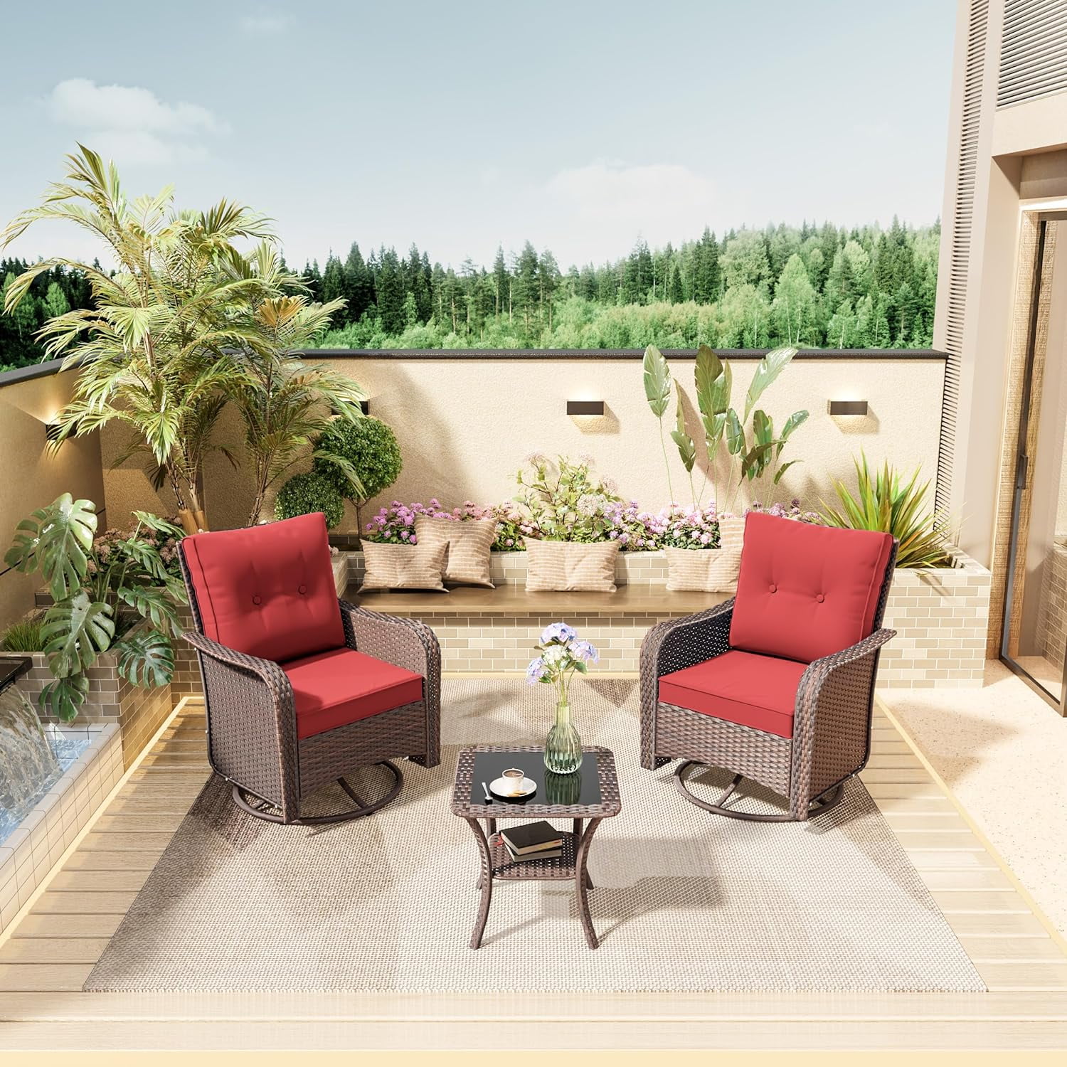 ALAULM 3pc Outdoor Patio Rattan Wicker Rockers Set with Glass Coffee ...