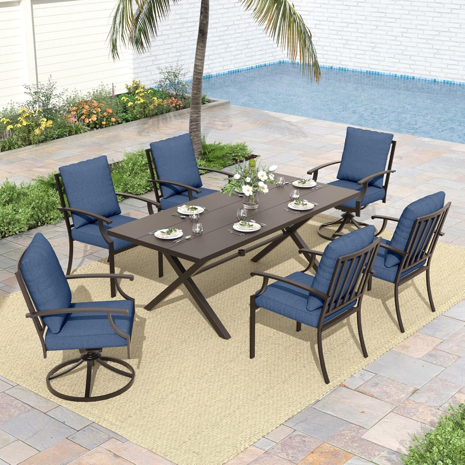 ALAULM 7-Piece Patio Dining Set with 2 Swivel Chairs Dining Table and ...