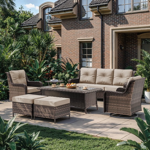 ALAULM 7PCS Rattan Patio Furniture Set, Wicker Outdoor Sofa Set w/2 ...