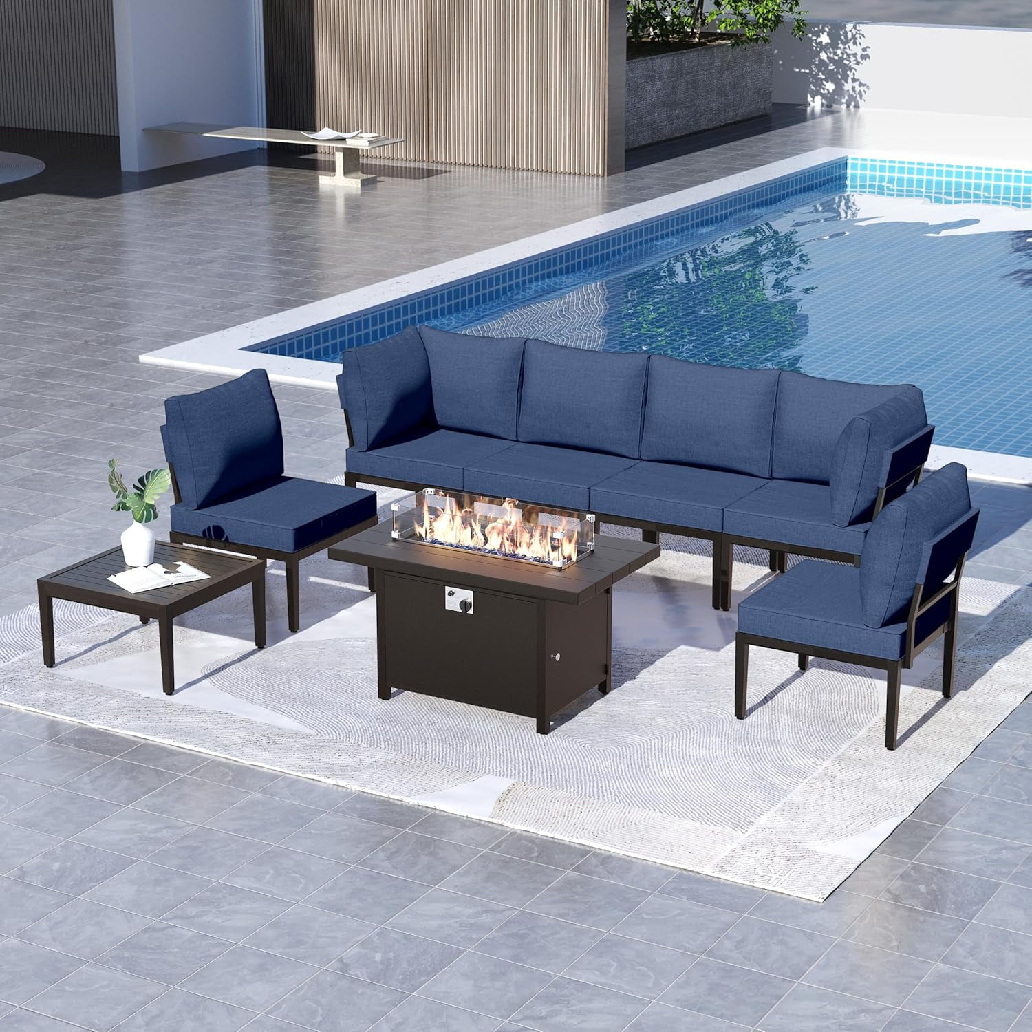 ALAULM 8 Piece Patio Furniture Set with 45" Propane Gas Fire Pit Table ...