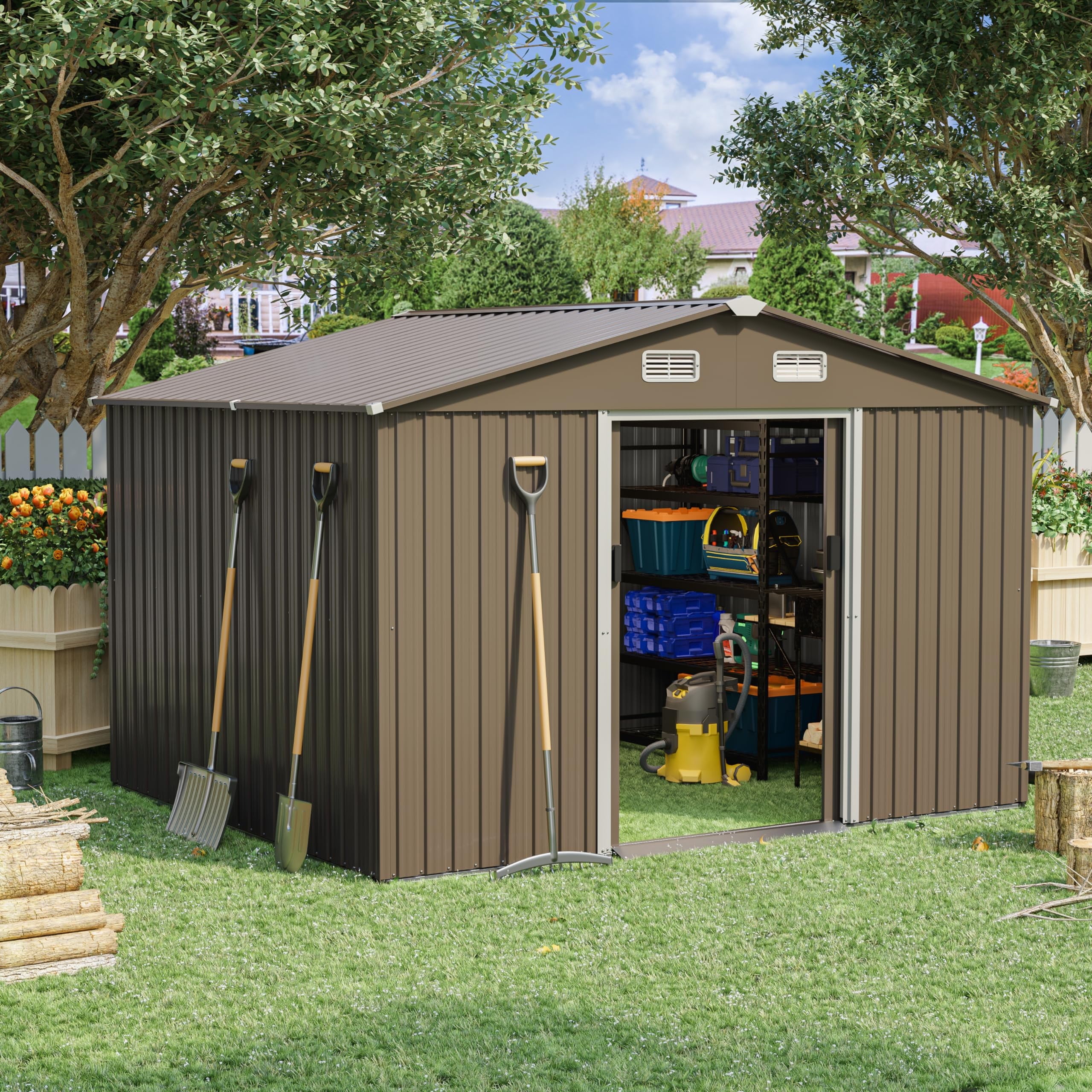 ALAULM 8x6 ft Outdoor Steel Storage Shed with Lockable Sliding Door ...