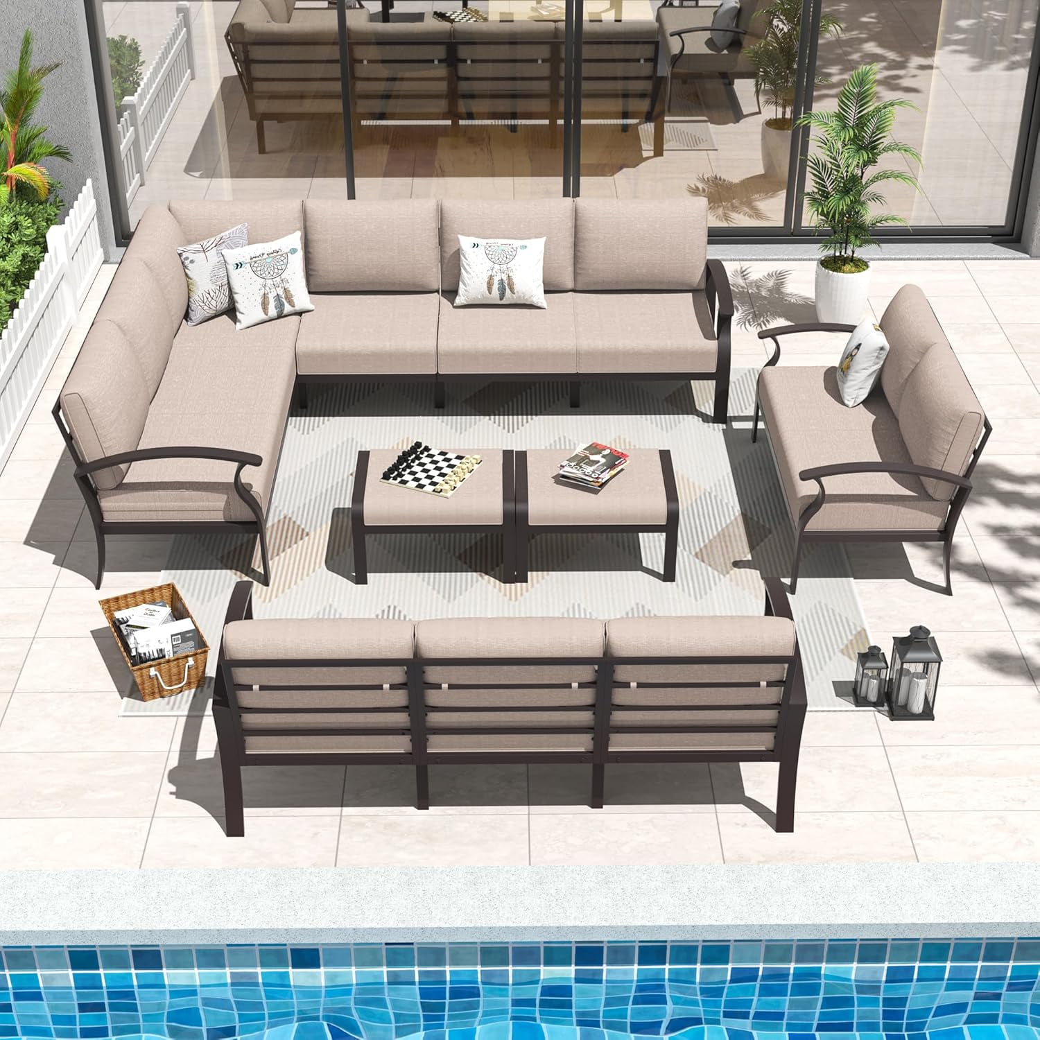 ALAULM Aluminum Patio Furniture Set L-Shaped Sofa Set 13-seat Metal ...