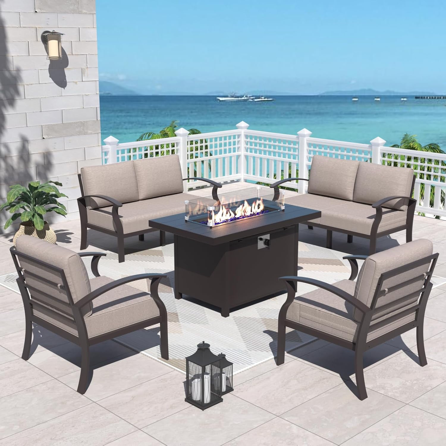 ALAULM Aluminum Patio Furniture Set with Propane Fire Pit Table 6 Seats ...