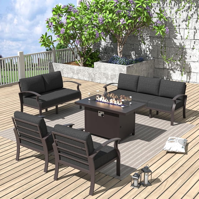 ALAULM Aluminum Patio Furniture Set with Propane Fire Pit Table 7-seat ...