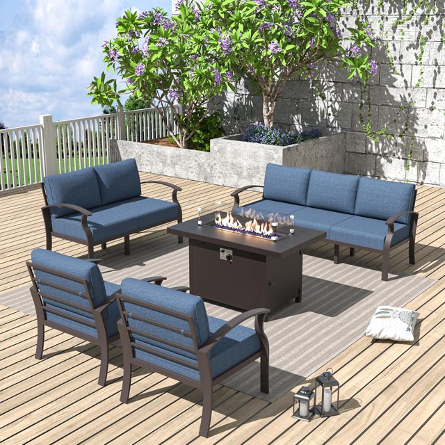 ALAULM Aluminum Patio Furniture Set with Propane Fire Pit Table 7-seat ...