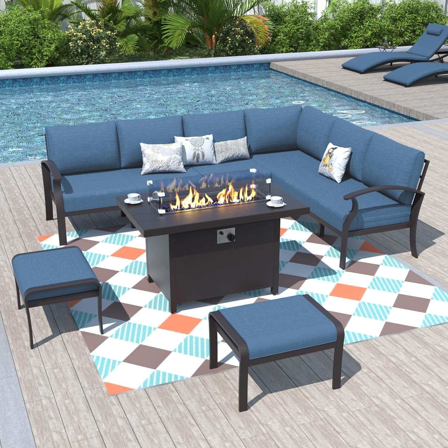 ALAULM Aluminum Patio Furniture Set with Propane Fire Pit Table 8-seat ...