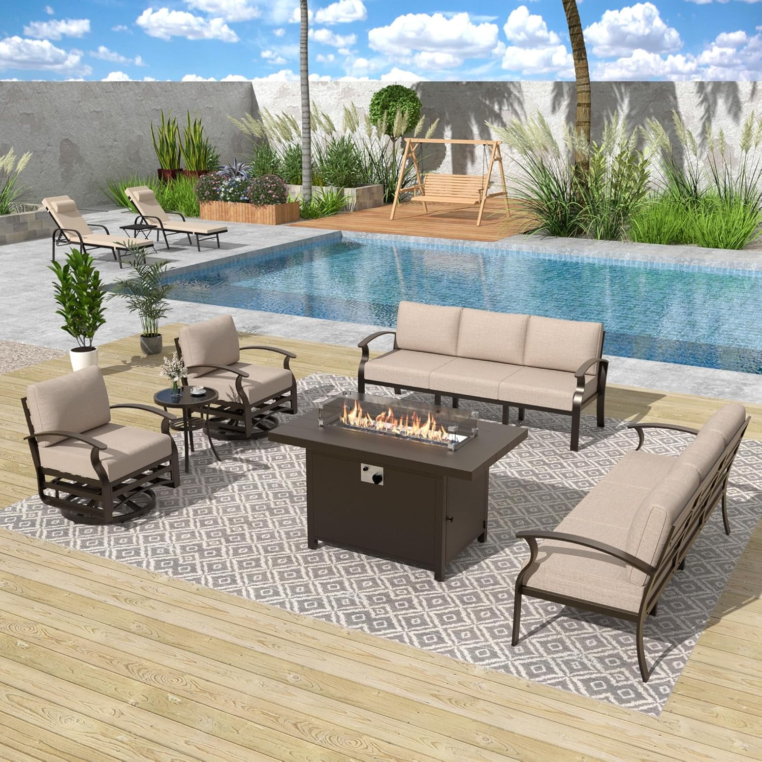 ALAULM Aluminum Patio Furniture Set with Propane Fire Pit Table 8-seat ...