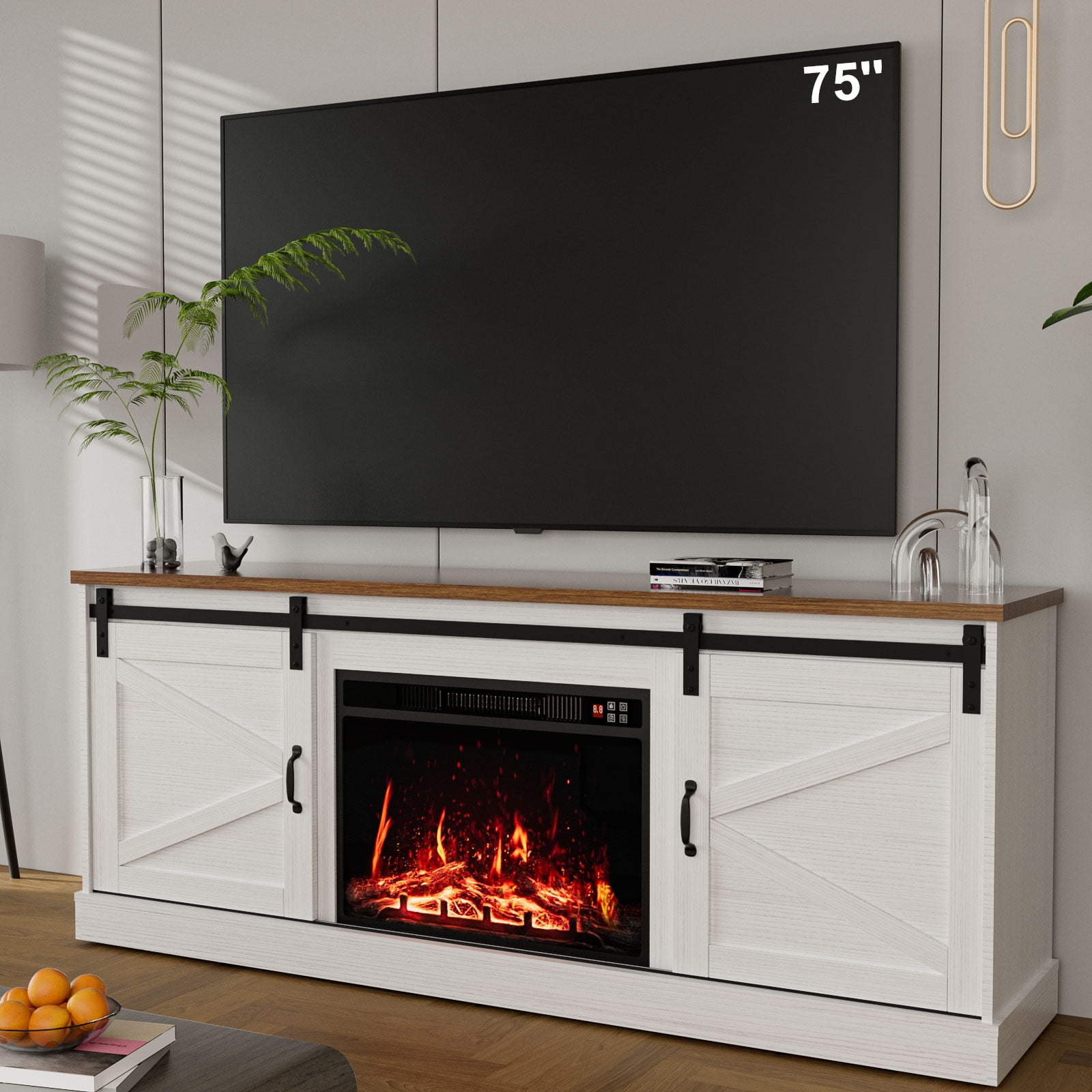 ALAULM Rustic Fireplace TV Stand for 65 Inch TV with Sliding Barn Door ...