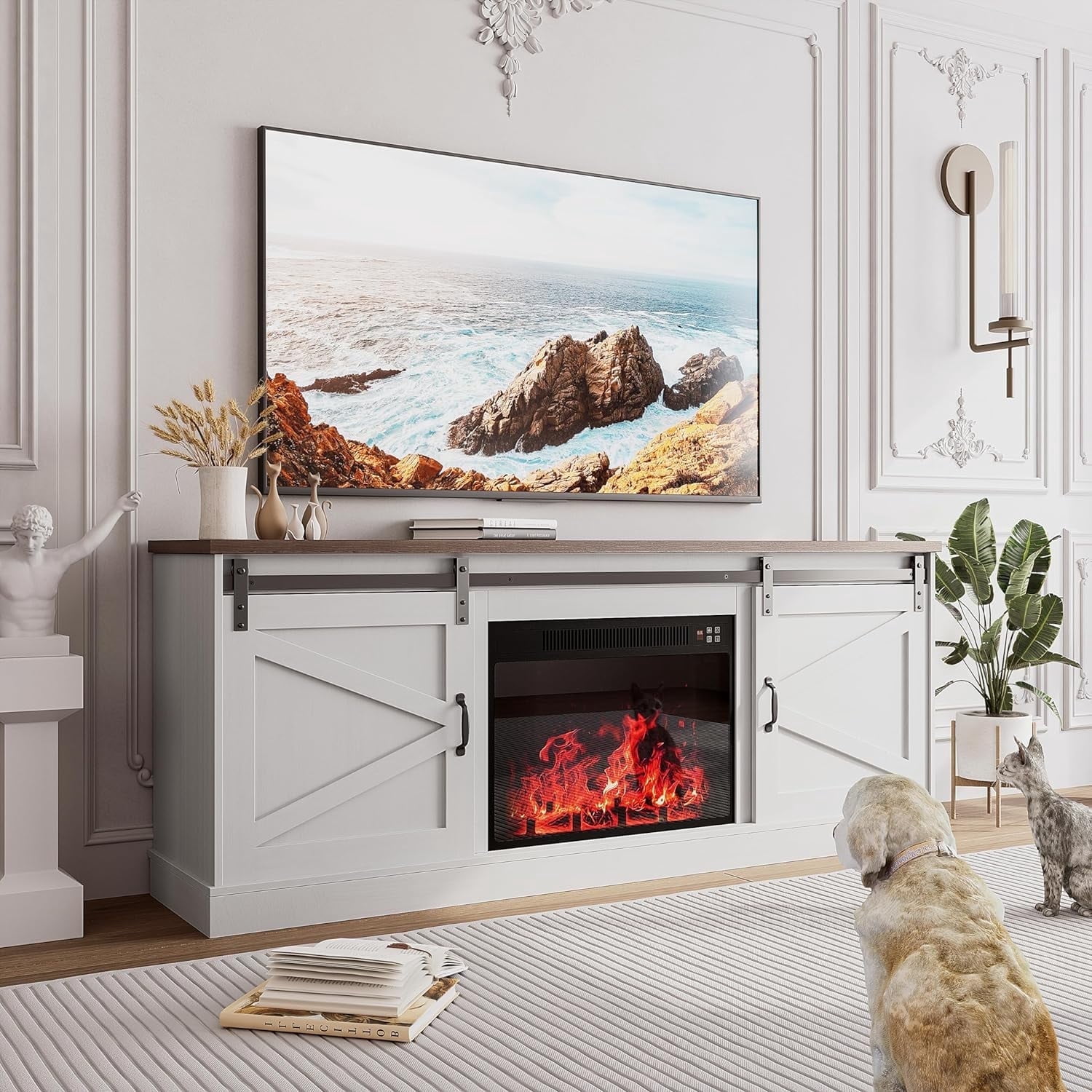Free Shipping! ALAULM Fireplace TV Stand for 65 Inch TV, Farmhouse ...