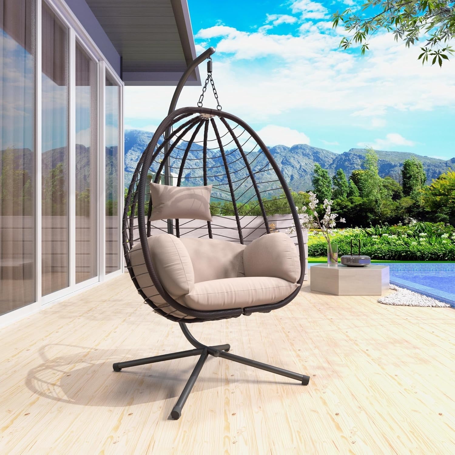 ALAULM Hanging Egg Chair with Stand, Indoor Outdoor Wicker Rattan Egg ...