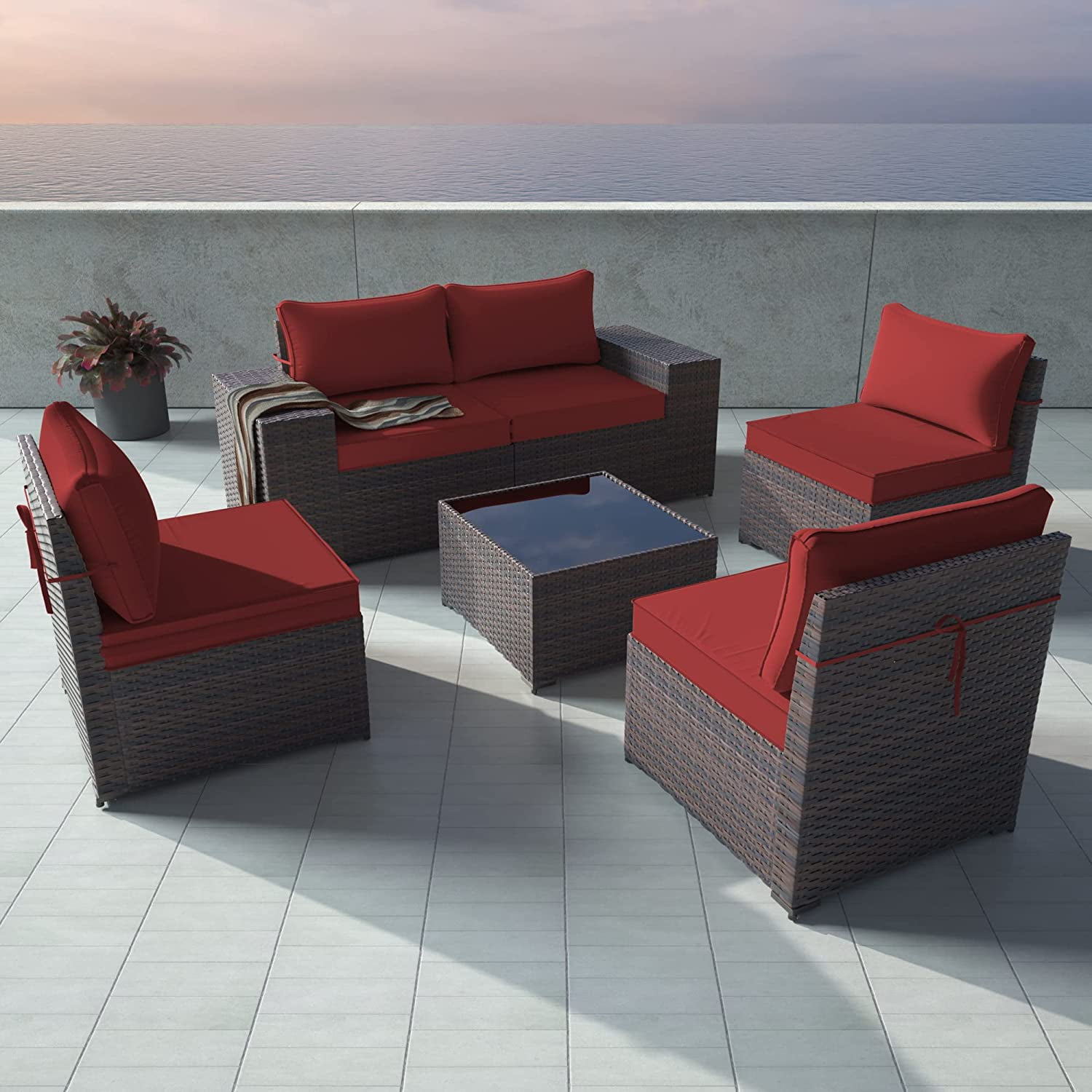ALAULM 6-Piece Outdoor Furniture Set, All-Weather Patio Sofa PE Wicker ...