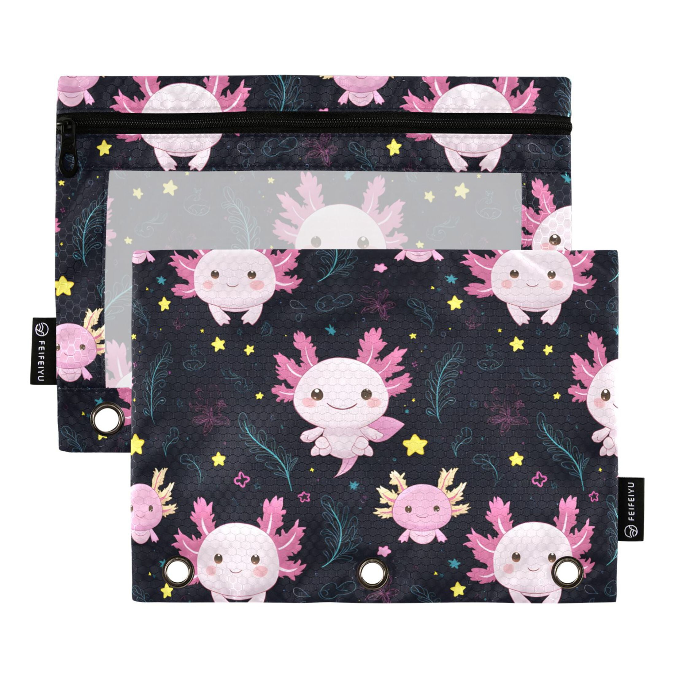 ALAZA 2 Pack Pencil Pouch Cartoon Axolotl Stars Pencil Case for 3 Ring ...