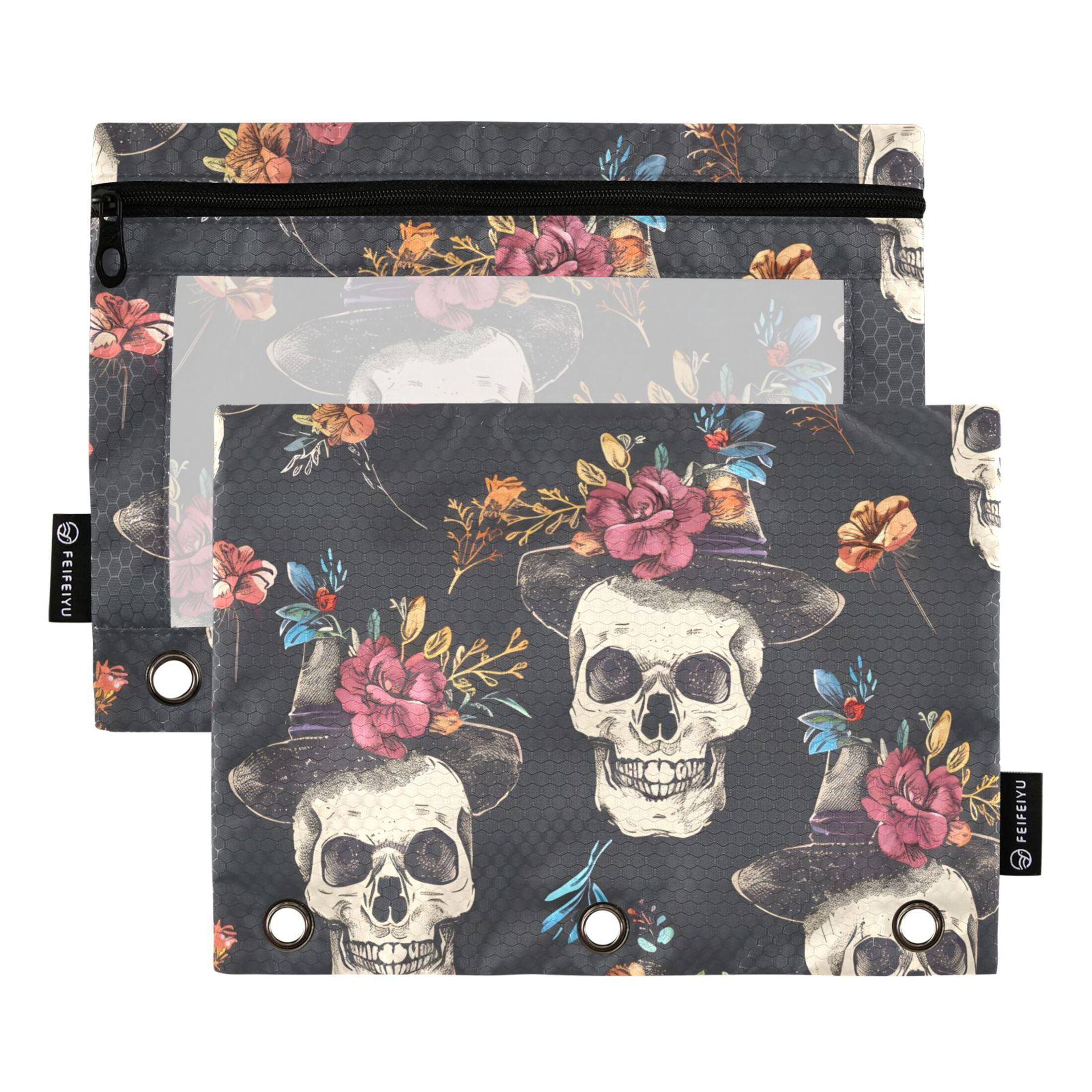 ALAZA 2 Pack Pencil Pouch Floral on Skull Pencil Case for 3 Ring Binder ...