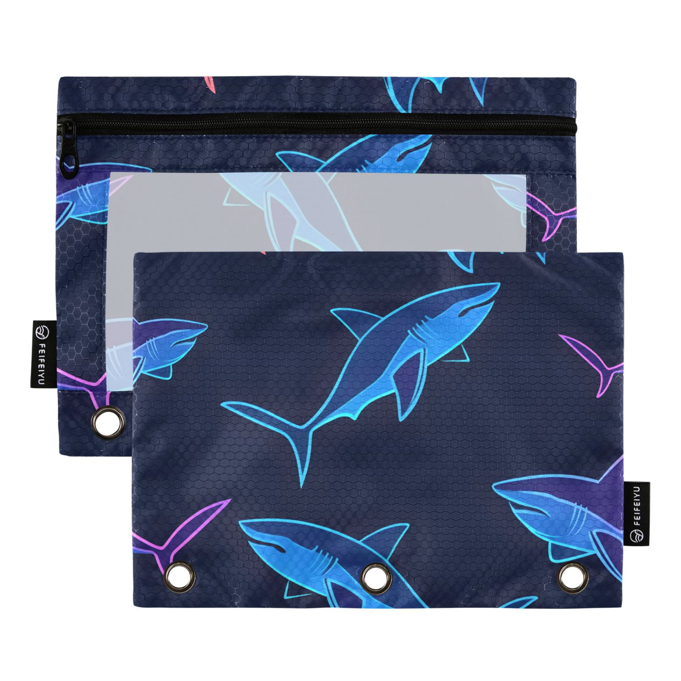 ALAZA 2 Pack Pencil Pouch Neon Sharks Swimming Pencil Case for 3 Ring ...