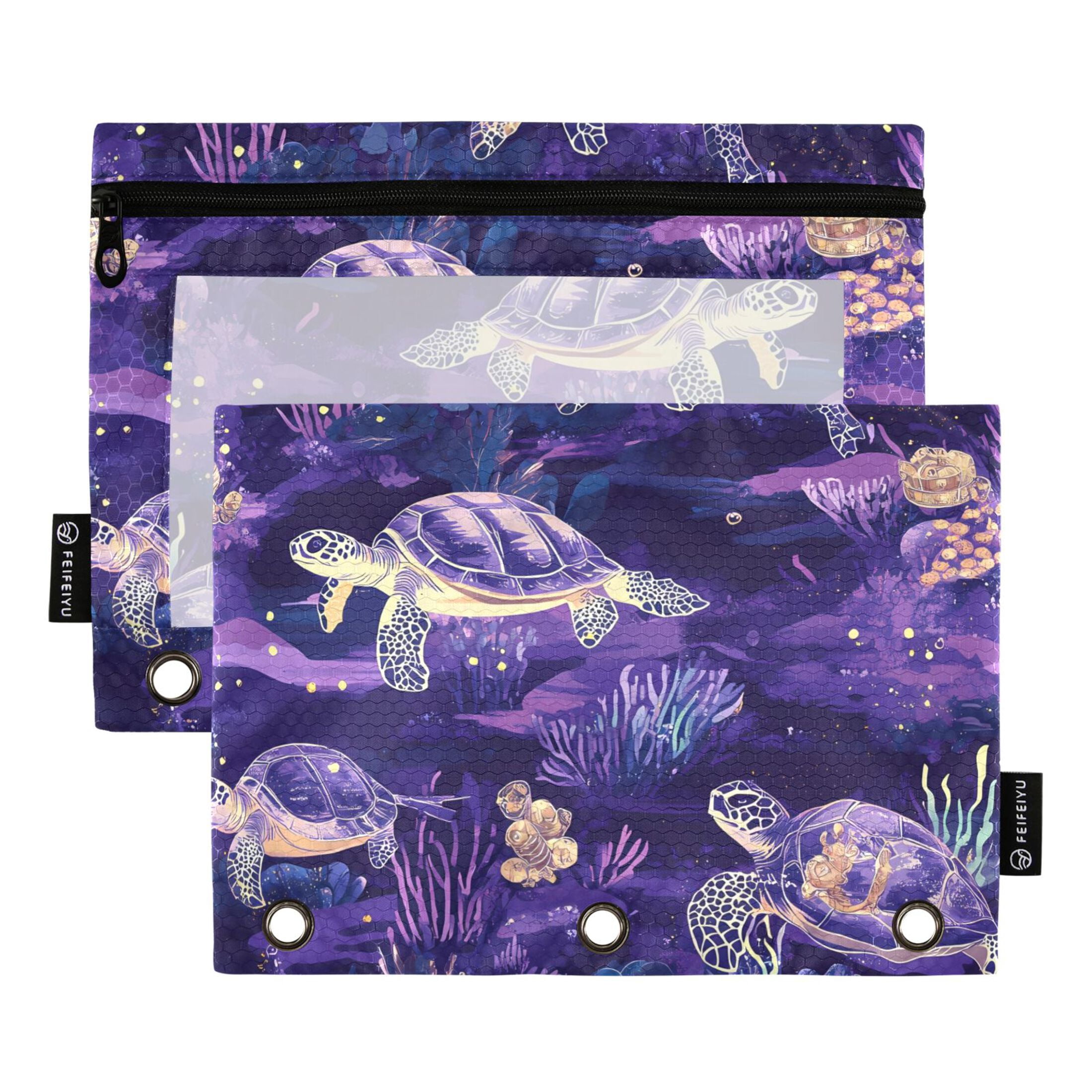 ALAZA 2 Pack Pencil Pouch Turtles Purple Pencil Case for 3 Ring Binder ...
