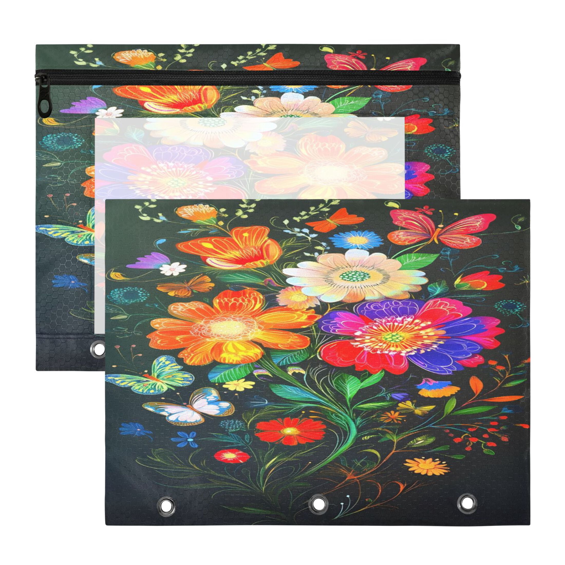 ALAZA Art Flowers Butterfly Pattern Pencil Pouch 3 Ring Binder with ...