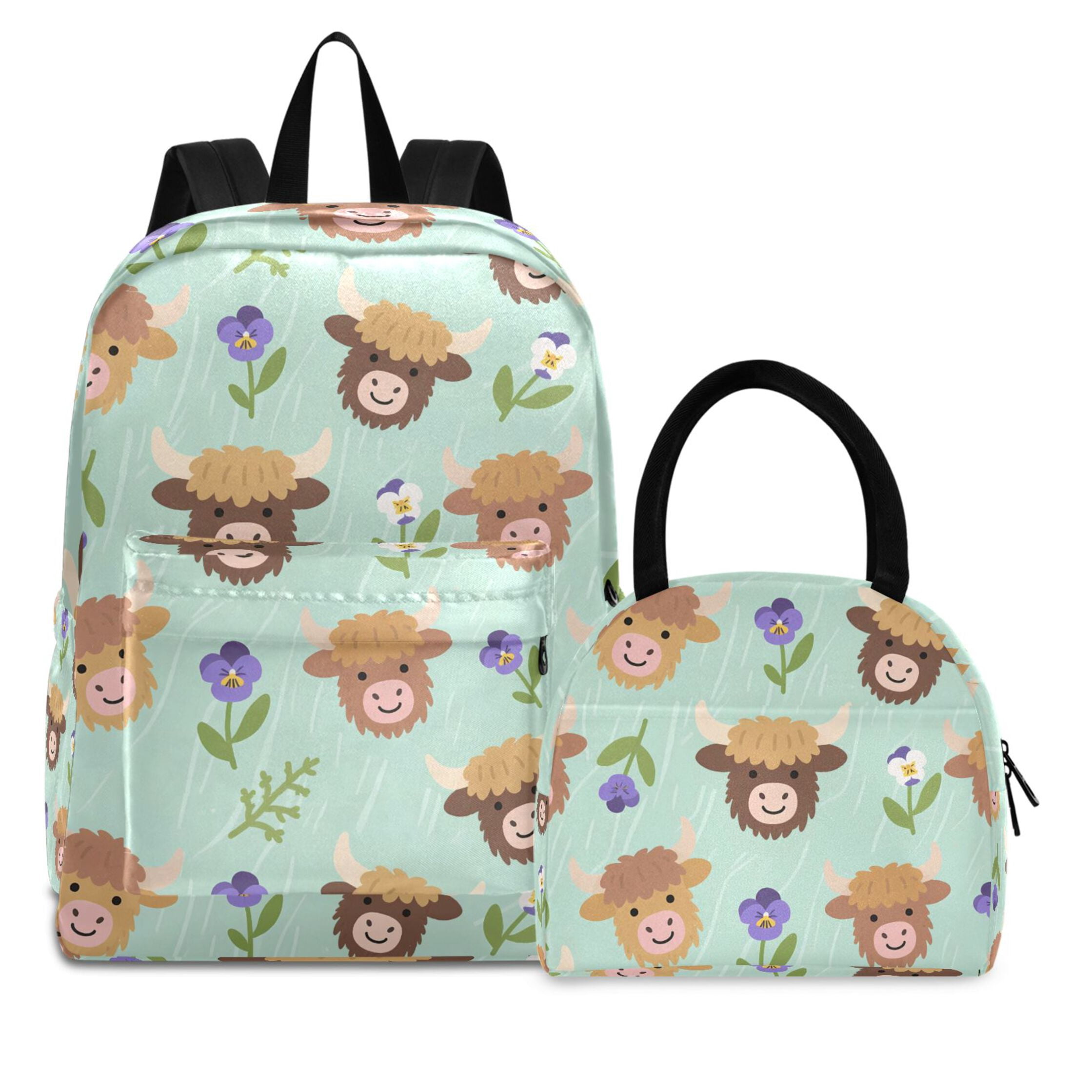 ALAZA Backpack Set Cartoon Highland Cattle Flowers Elementary School ...