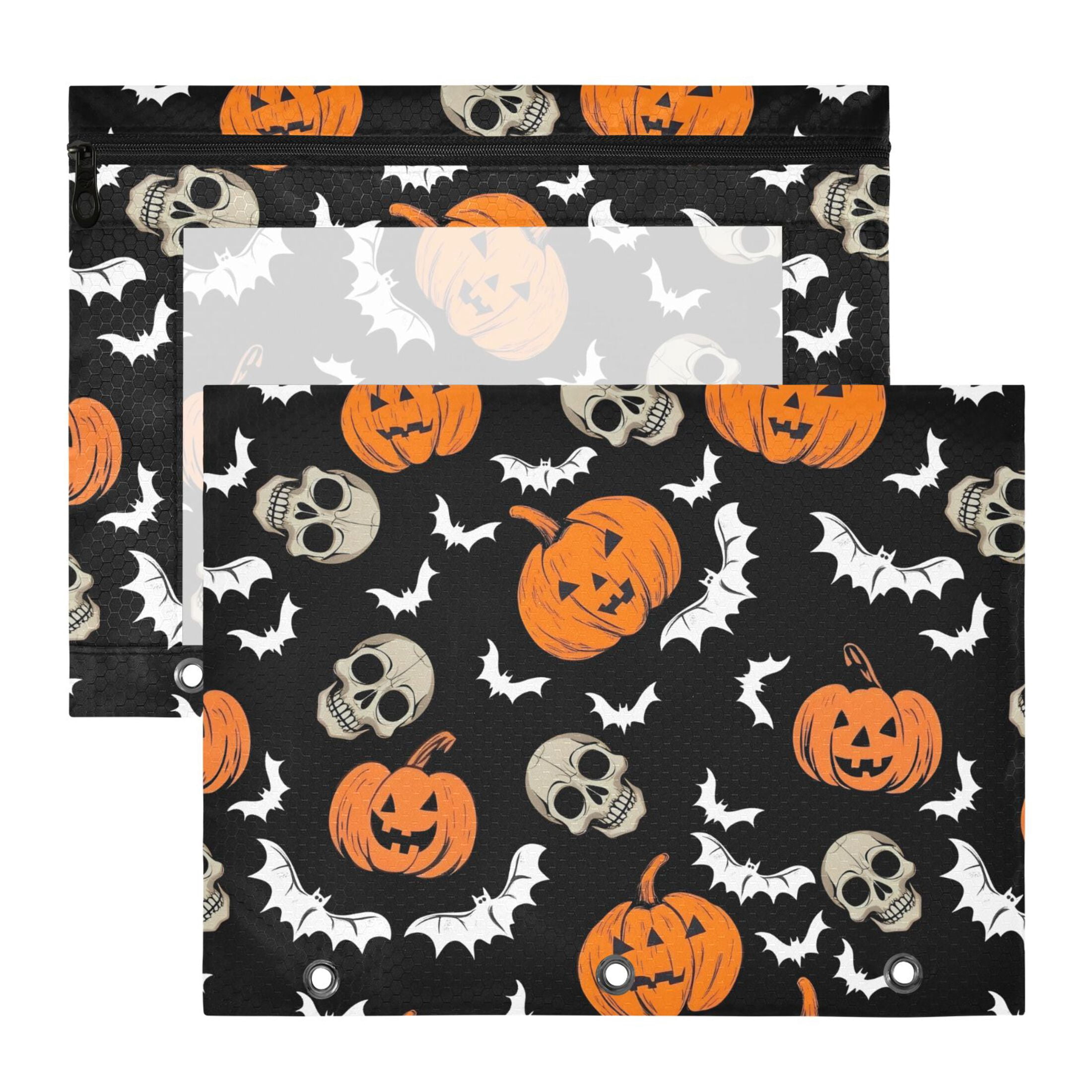 ALAZA Bat Pumpkin Skulls Pattern Pencil Pouch 3 Ring Binder with Clear ...