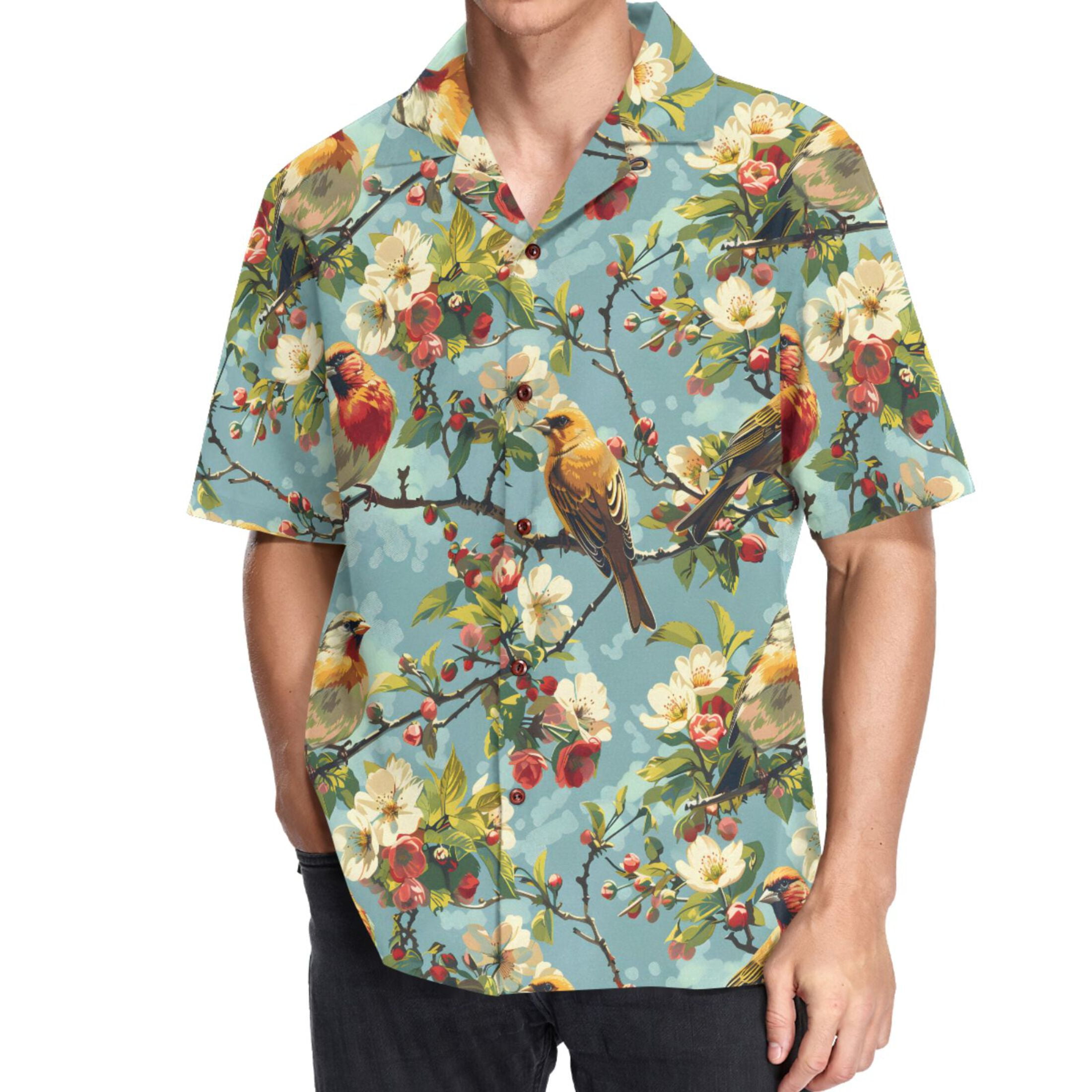 ALAZA Birds on Bloom Floral Men's Hawaiian Shirt Short Sleeve Casual ...