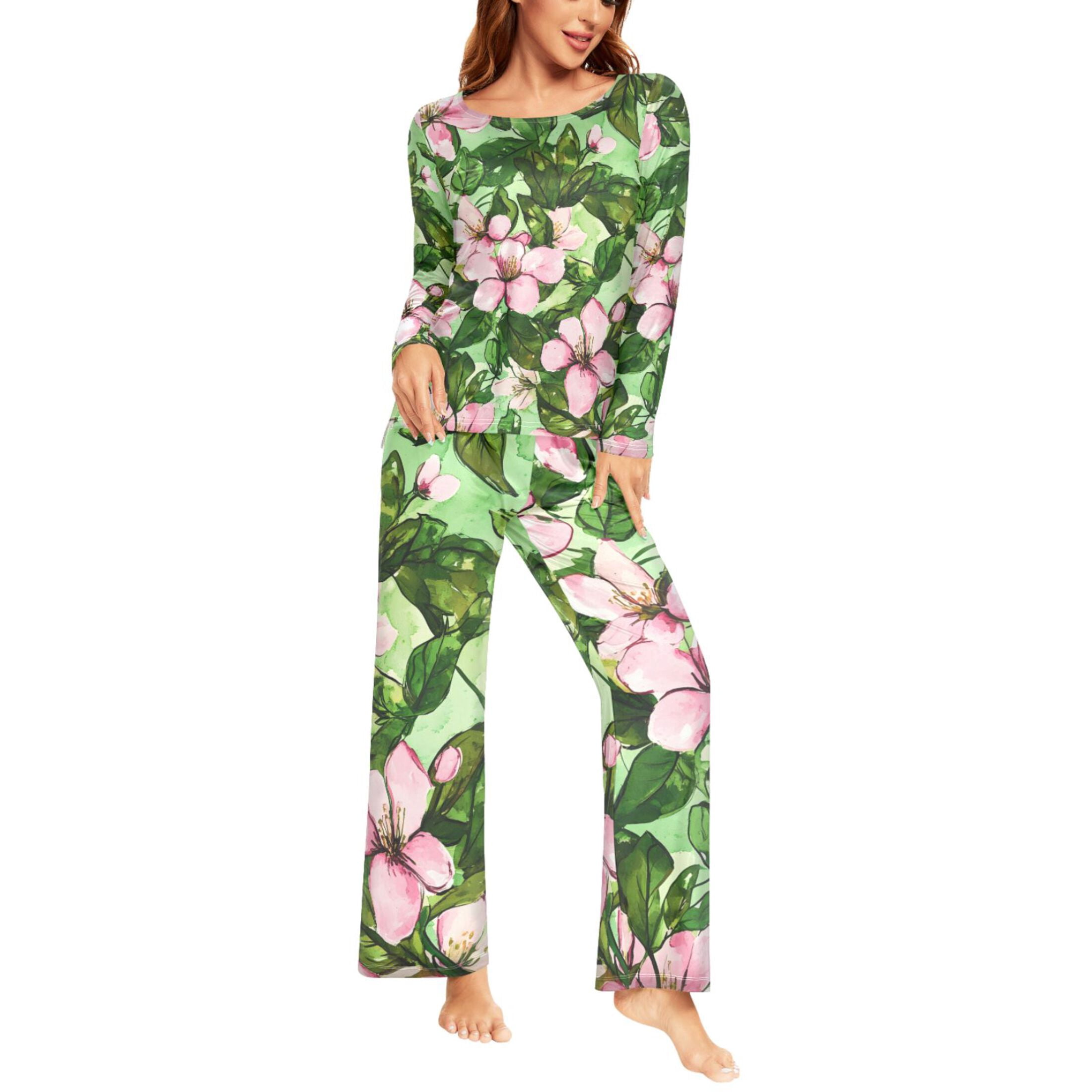 ALAZA Blossom Flower Women's 2 Piece Long Sleeve Sleepwear Soft Ladies ...
