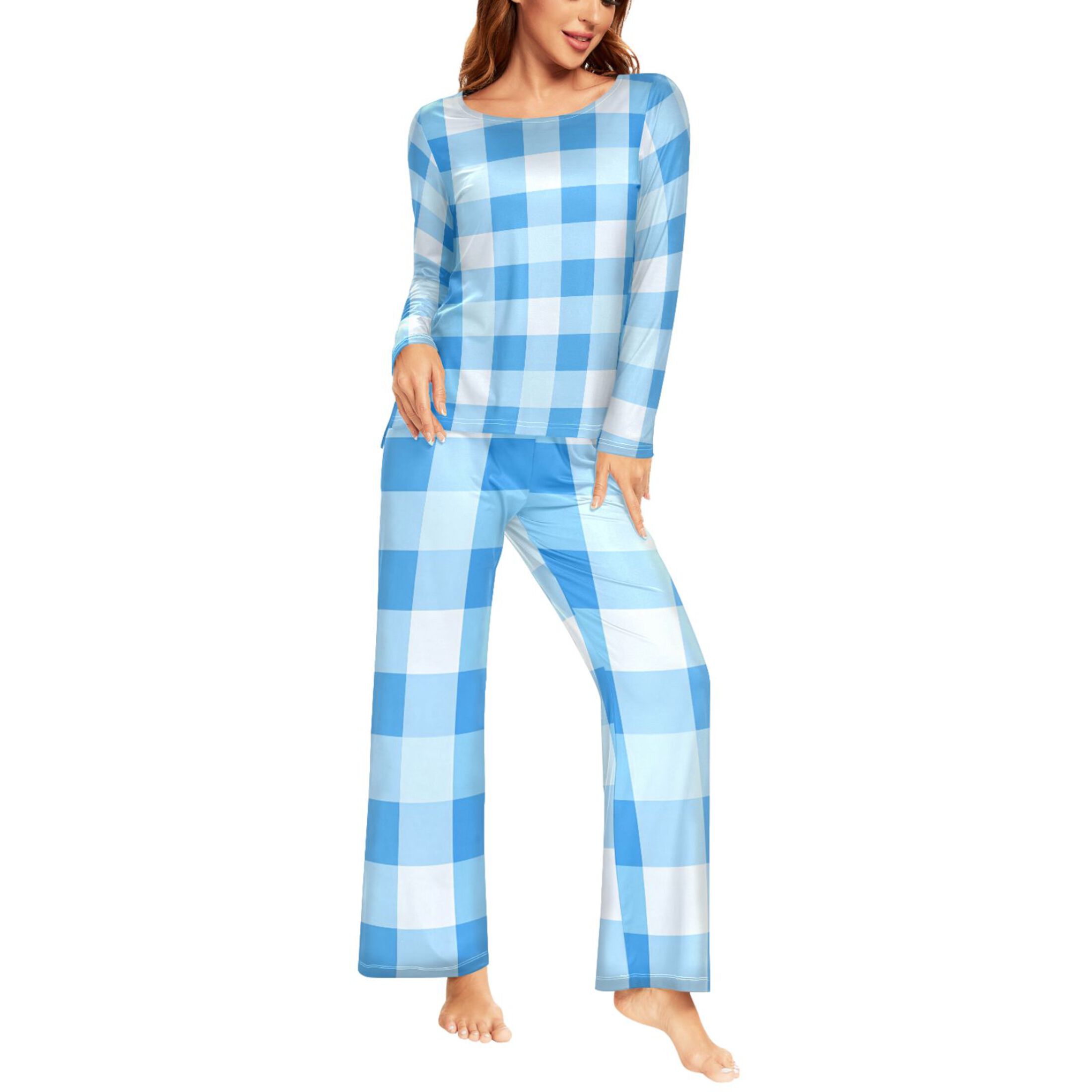 ALAZA Blue Geometric Checkered Grid Pattern Women's 2 Piece Long Sleeve ...