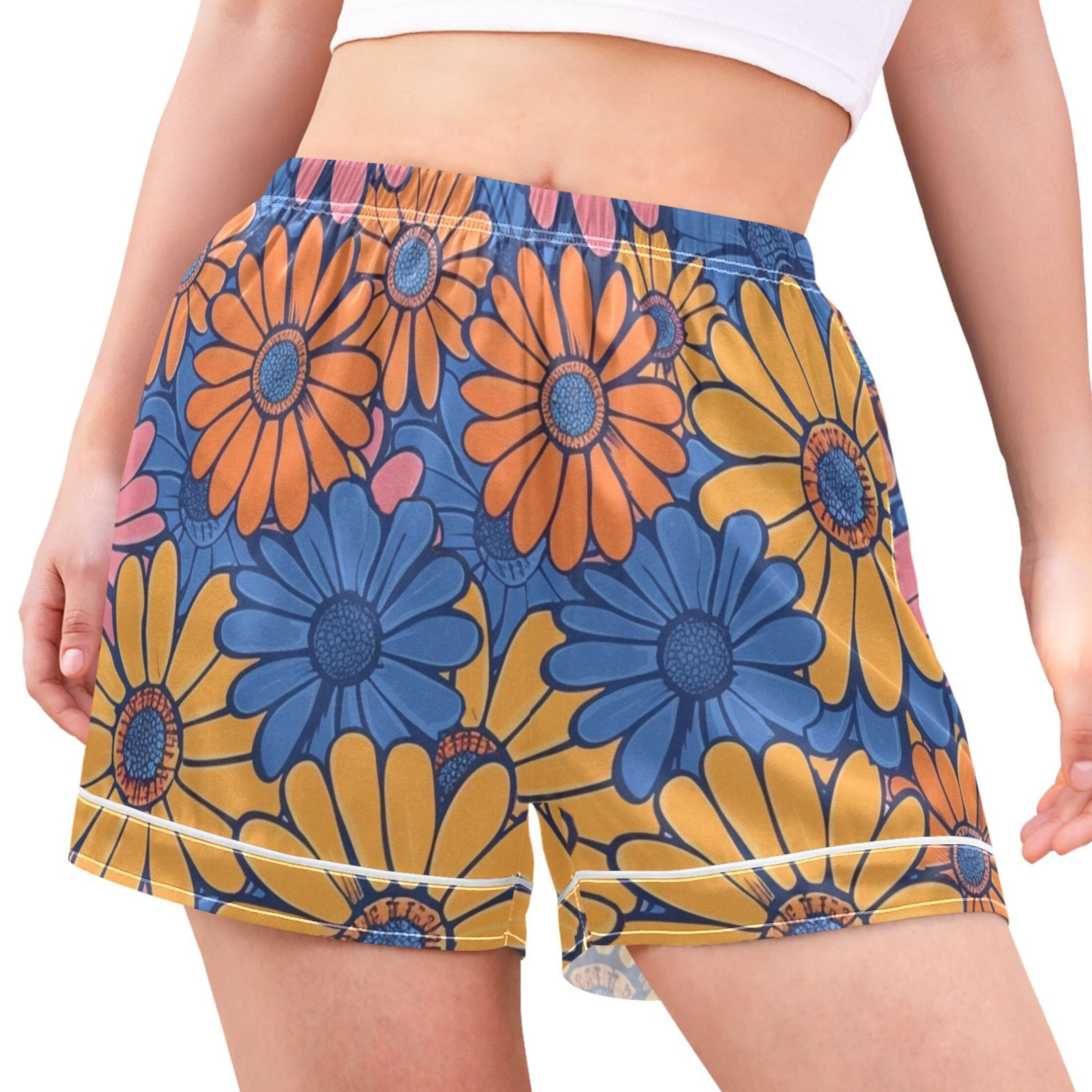 ALAZA Blue and Pink Flowers Women's Pajama Lounge Shorts Bottoms Sleep ...